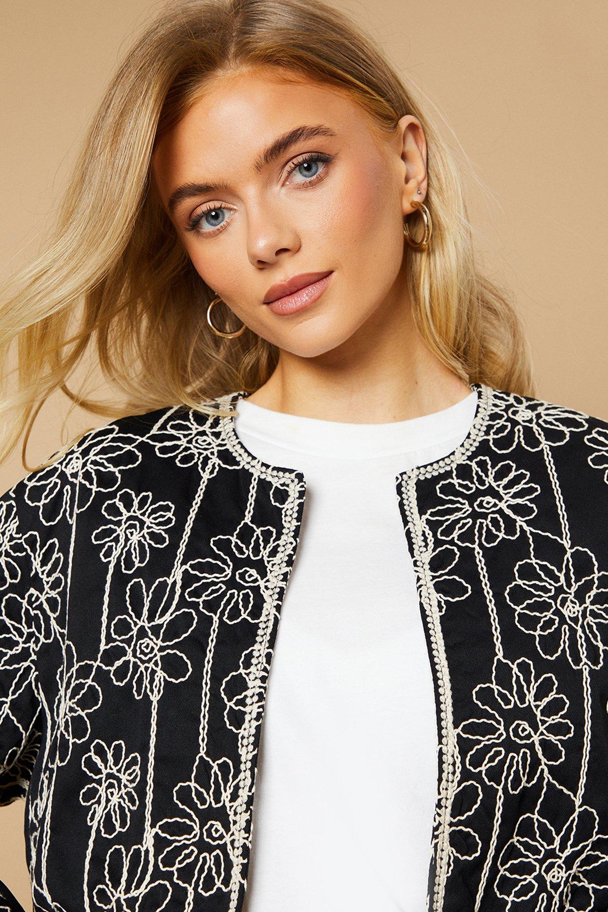 Oasis True Black Floral Embroidered Bomber Jacket | PrettyLittleThing