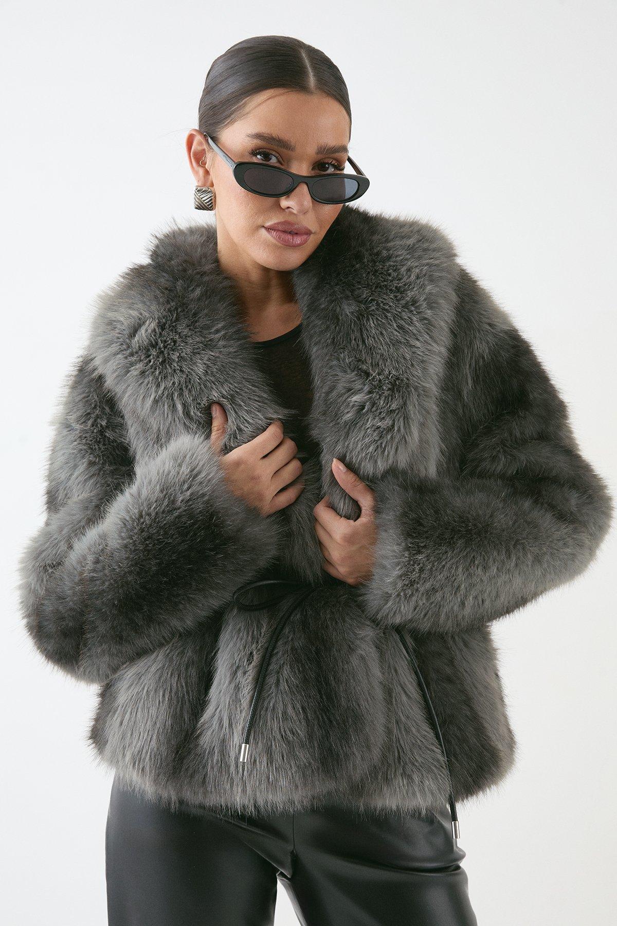 MissPap Dark Grey Faux Fur Wide Collar Belted Jacket | PLT