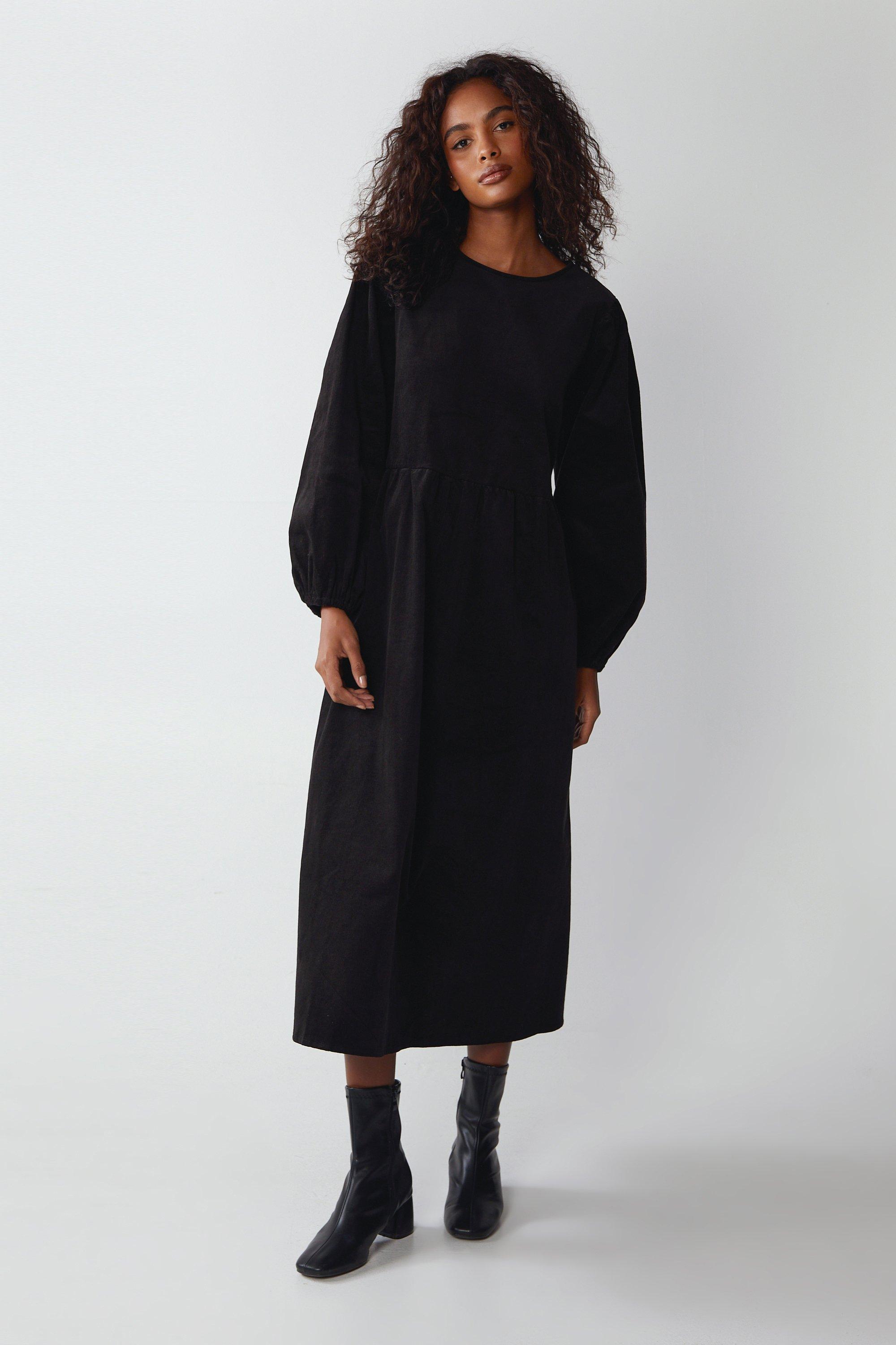 Warehouse Black Baby Cord Smock Dress | PrettyLittleThing