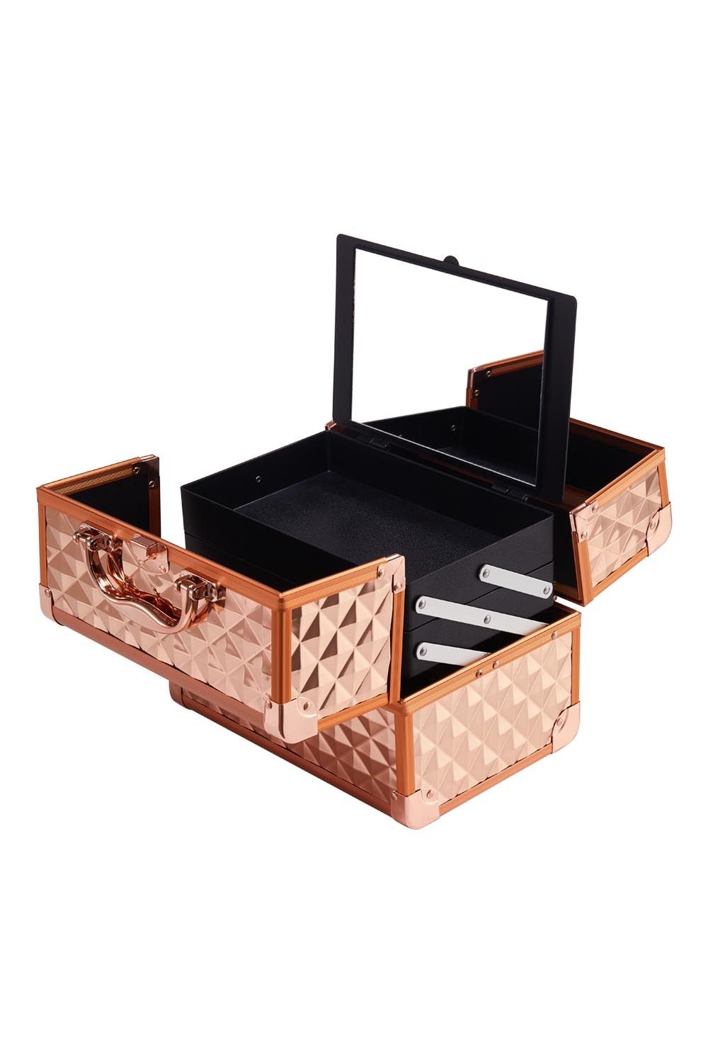 SHEONLY Gold Rose Gold Cosmetic Box 2 Trays With Mirror Professional ...