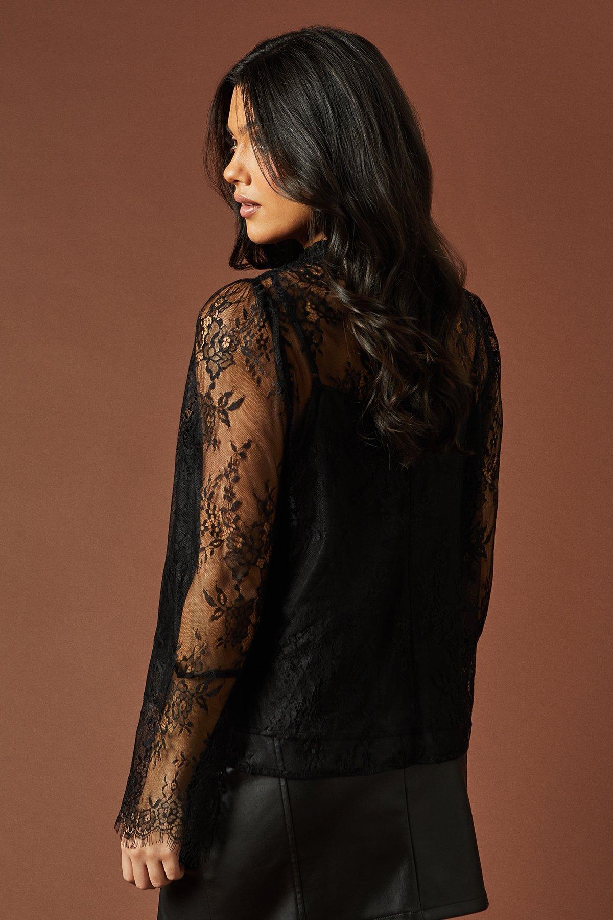 Oasis True Black Scallop Edge Lace Blouse | PLT