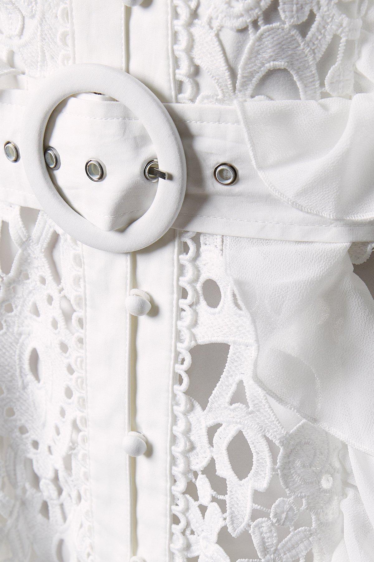 Coast White Lace Ruffle Shirt Dress With Tie | PrettyLittleThing