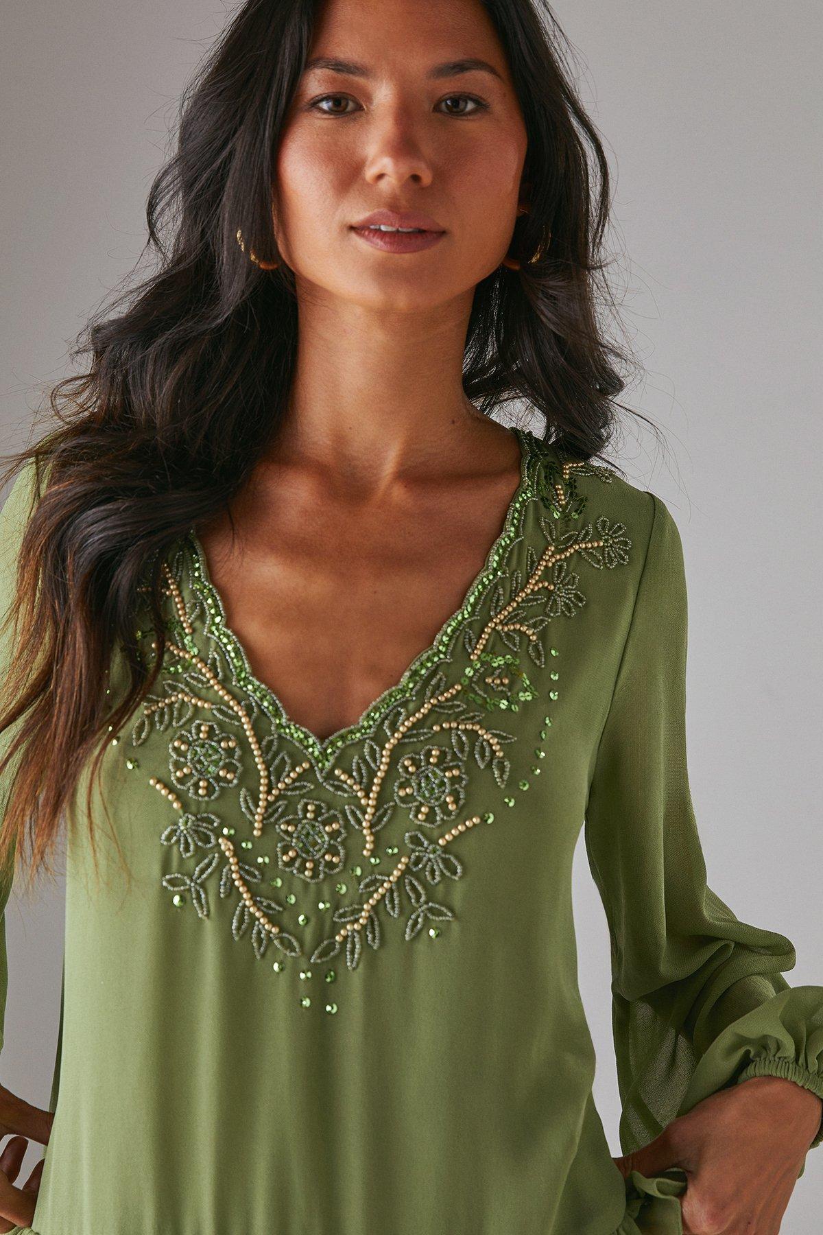 Warehouse Khaki Hand Embellished Chiffon Sequin Mini Smock Dress | PLT