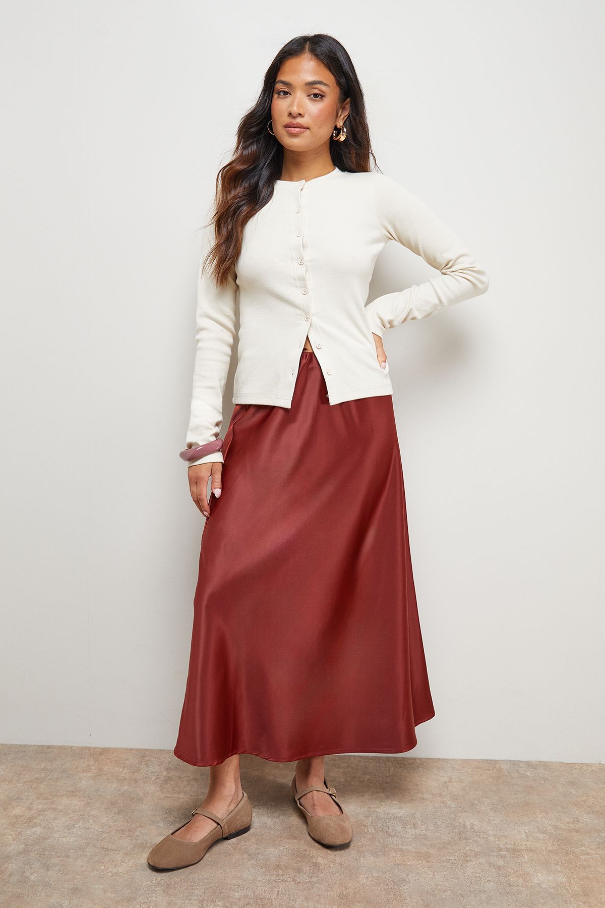 Oasis Rust Petite Satin Bias Cut Midi Skirt | PLT