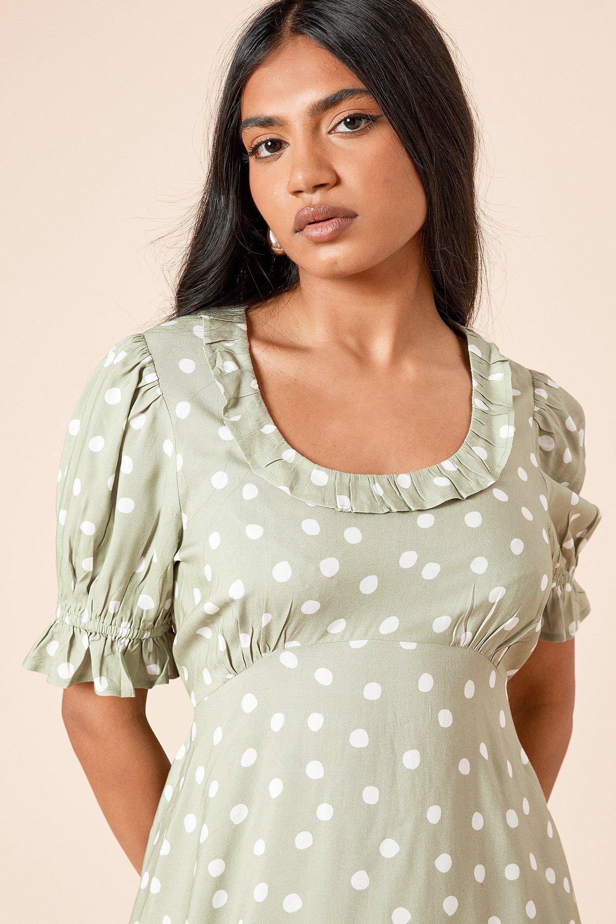 Dorothy Perkins Green Petite Green Spot Frill Neckline Tie Back Mini ...