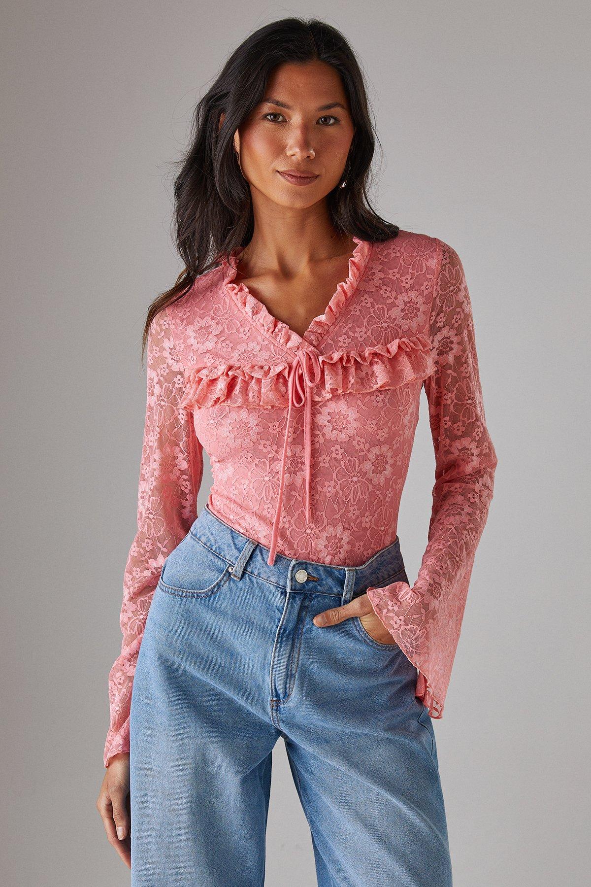 Warehouse Pink Lace Ruffle Yoke Tie Cuff Bodysuit | PrettyLittleThing