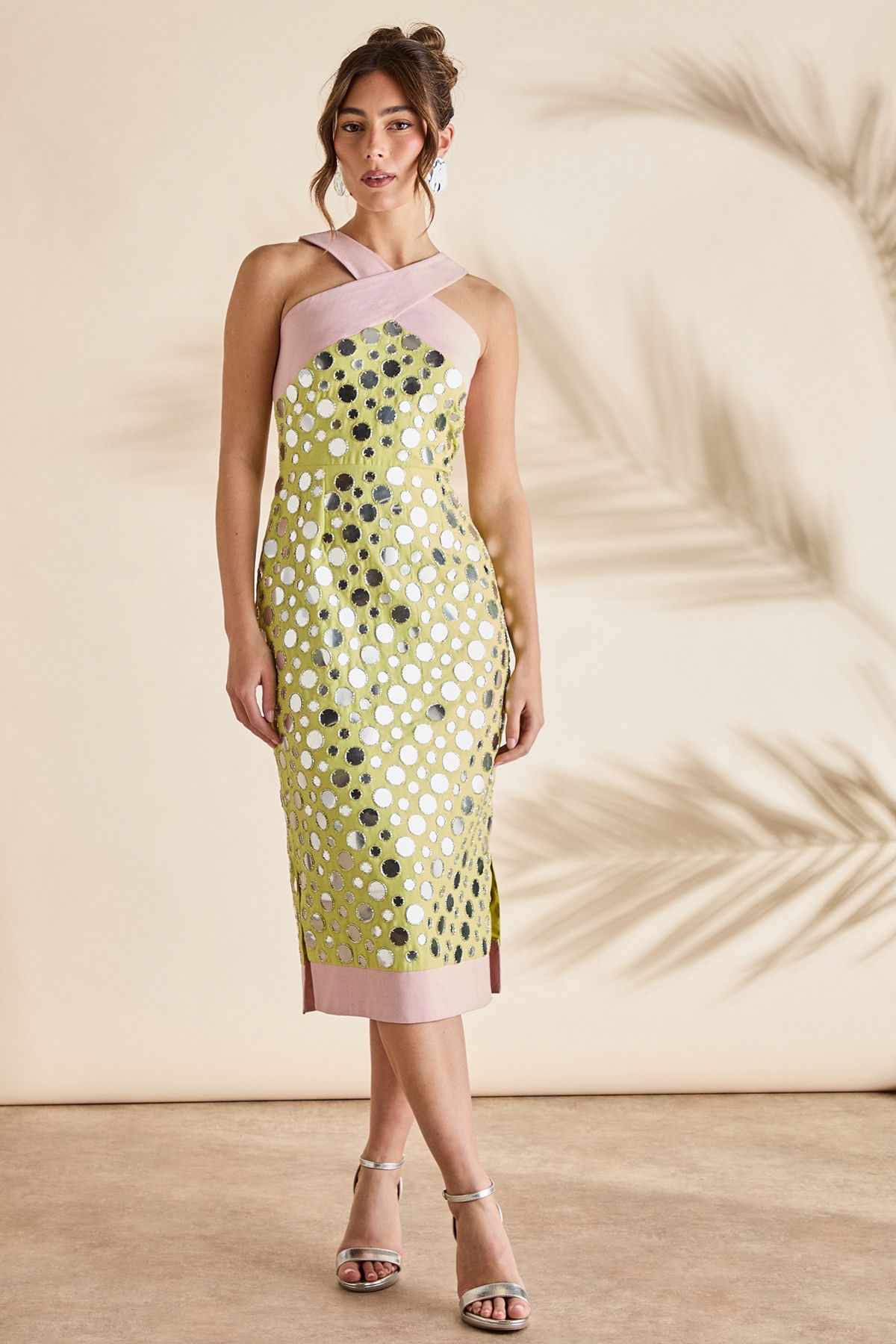 Coast Chartreuse Cross Neck Mirror Sequin Midi Dress | PLT