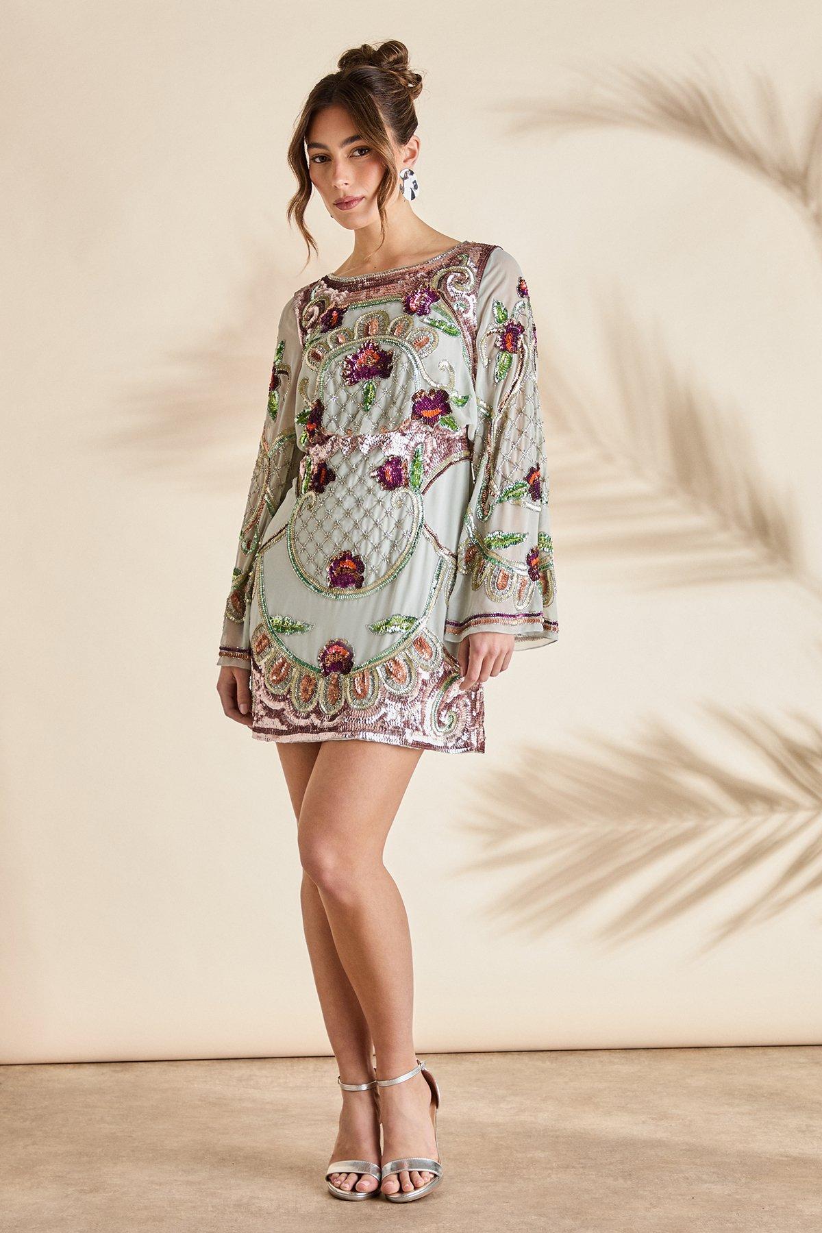 Coast Aqua Heavily Embellished Sequin Mini Dress | PLT