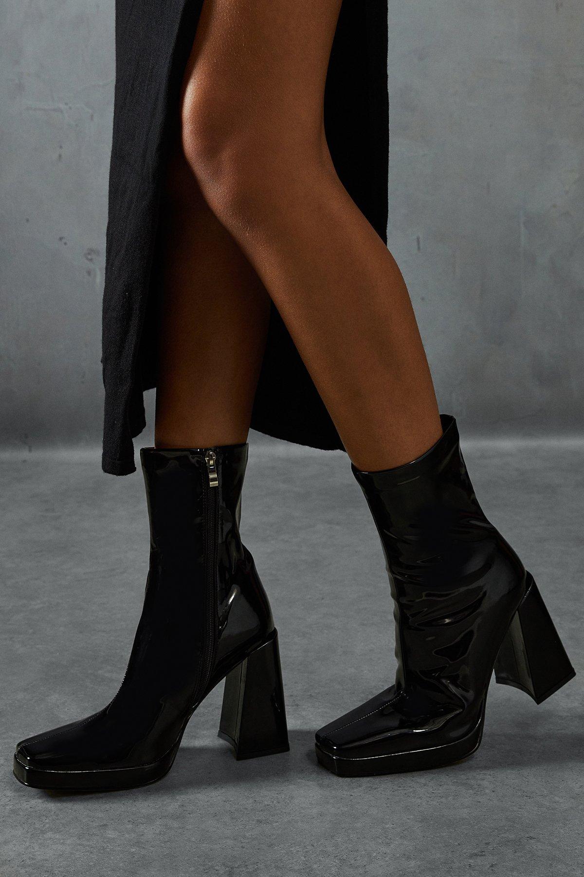MissPap Black Patent Block Heel Ankle Boots | PLT