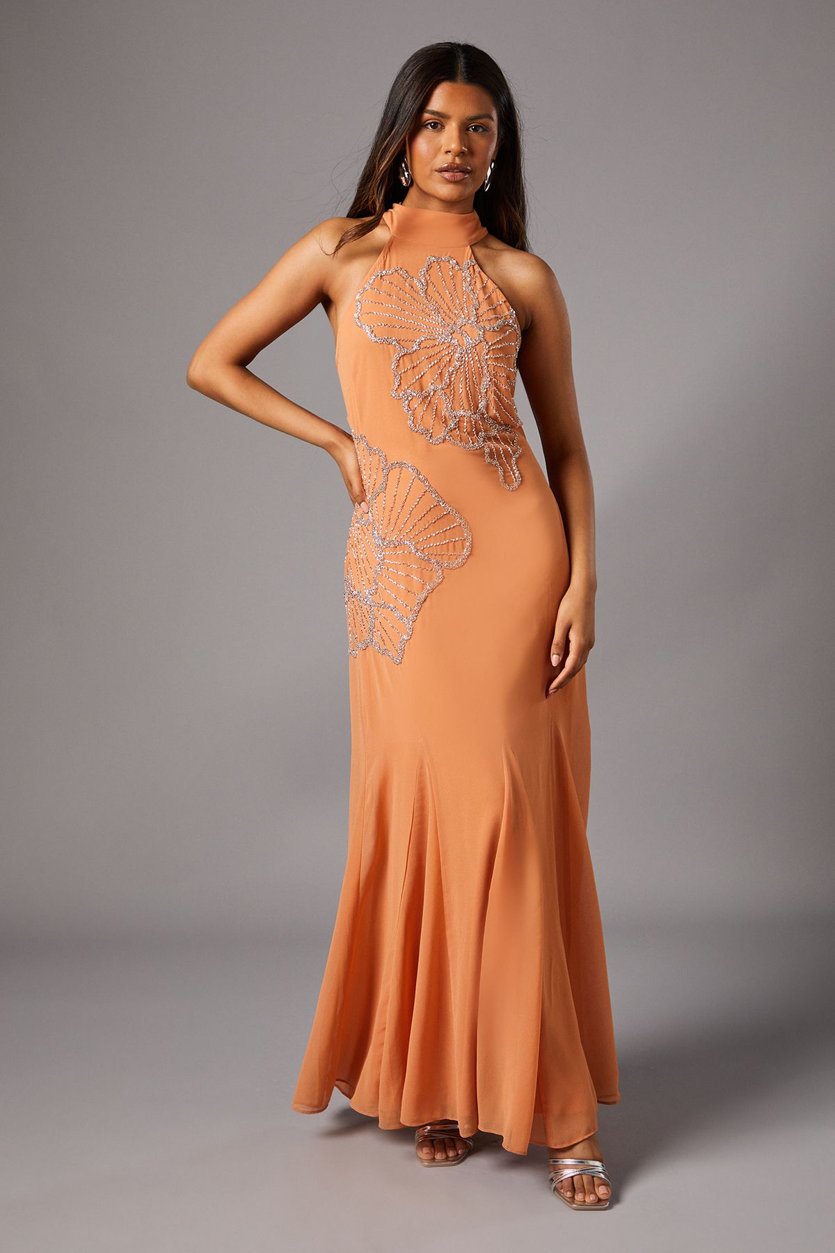 Coast Apricot Petite Embellished Maxi Dress With Godet Pleats | PLT