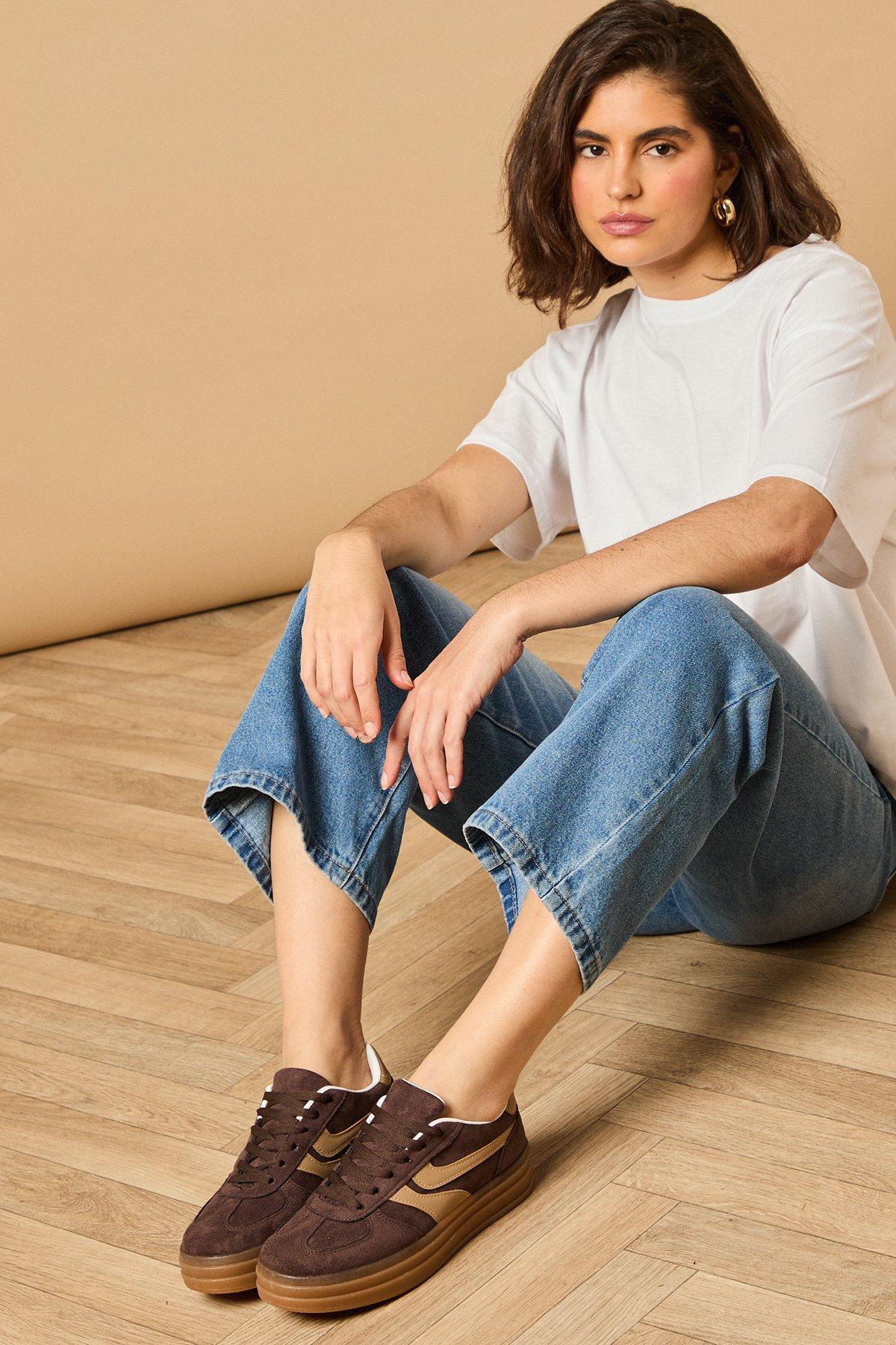 Oasis Chocolate Boomer Faux Suede Platform Contrast Stripes Lace Up ...