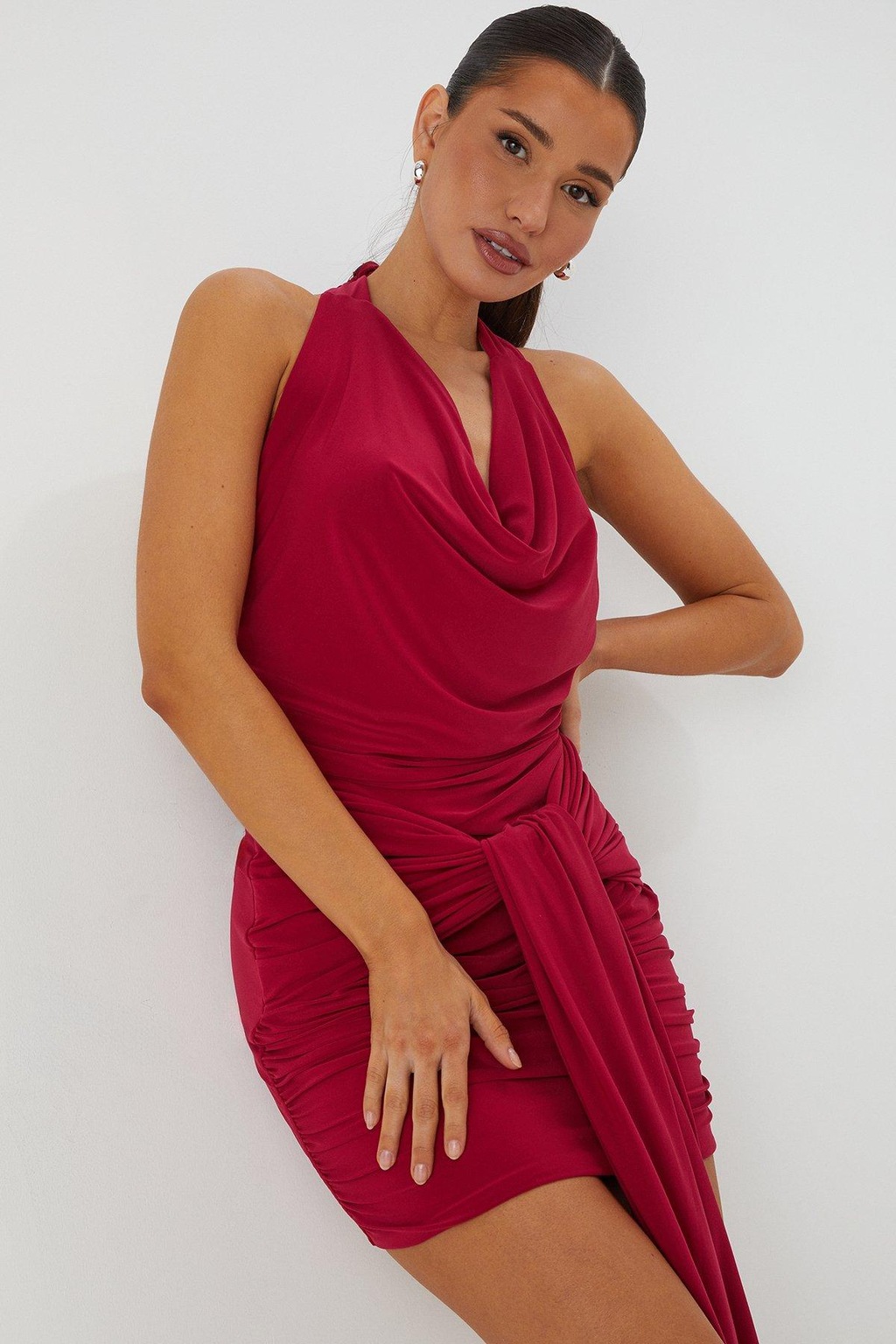 MissPap Cherry Halter Neck Drape Front Mini Dress | PrettyLittleThing