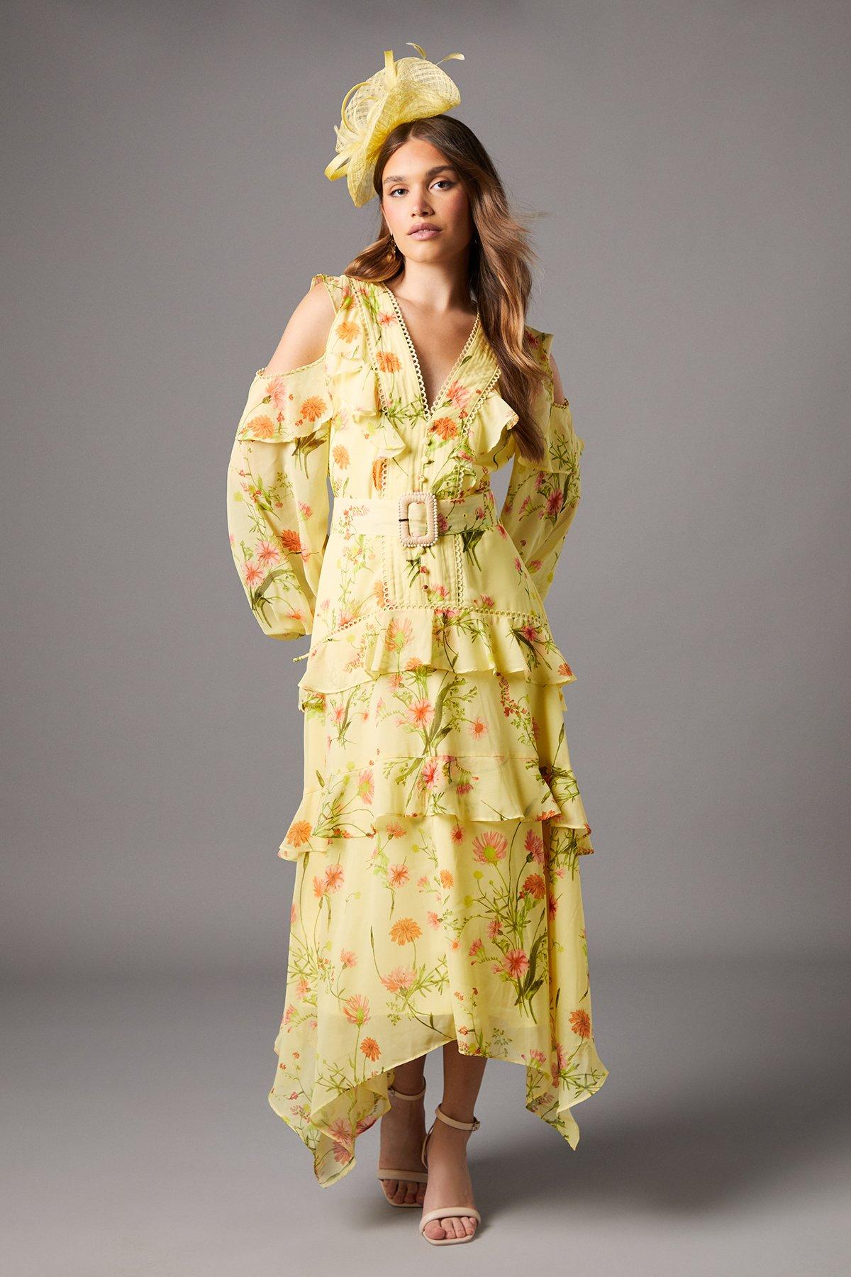 Coast Yellow Cut Out Ruffle Belted Midi Dress | PLT