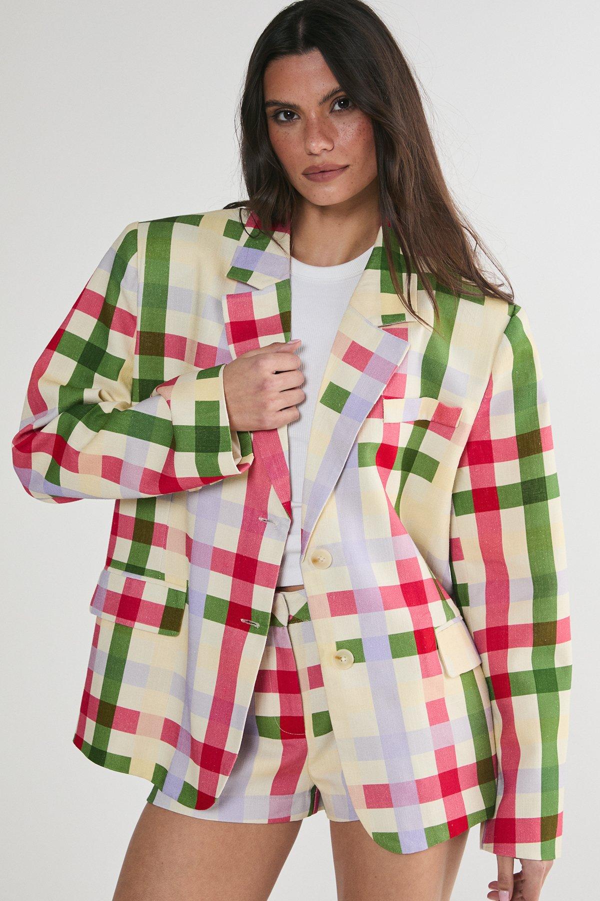 NastyGal Multi Linen Mix Gingham Oversized Blazer | PLT