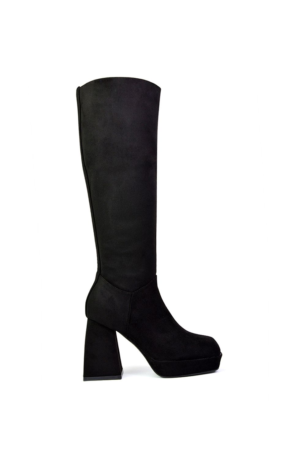 XY London Jet Black 'Wren' Knee High Boots With Platform Chunky Flared ...