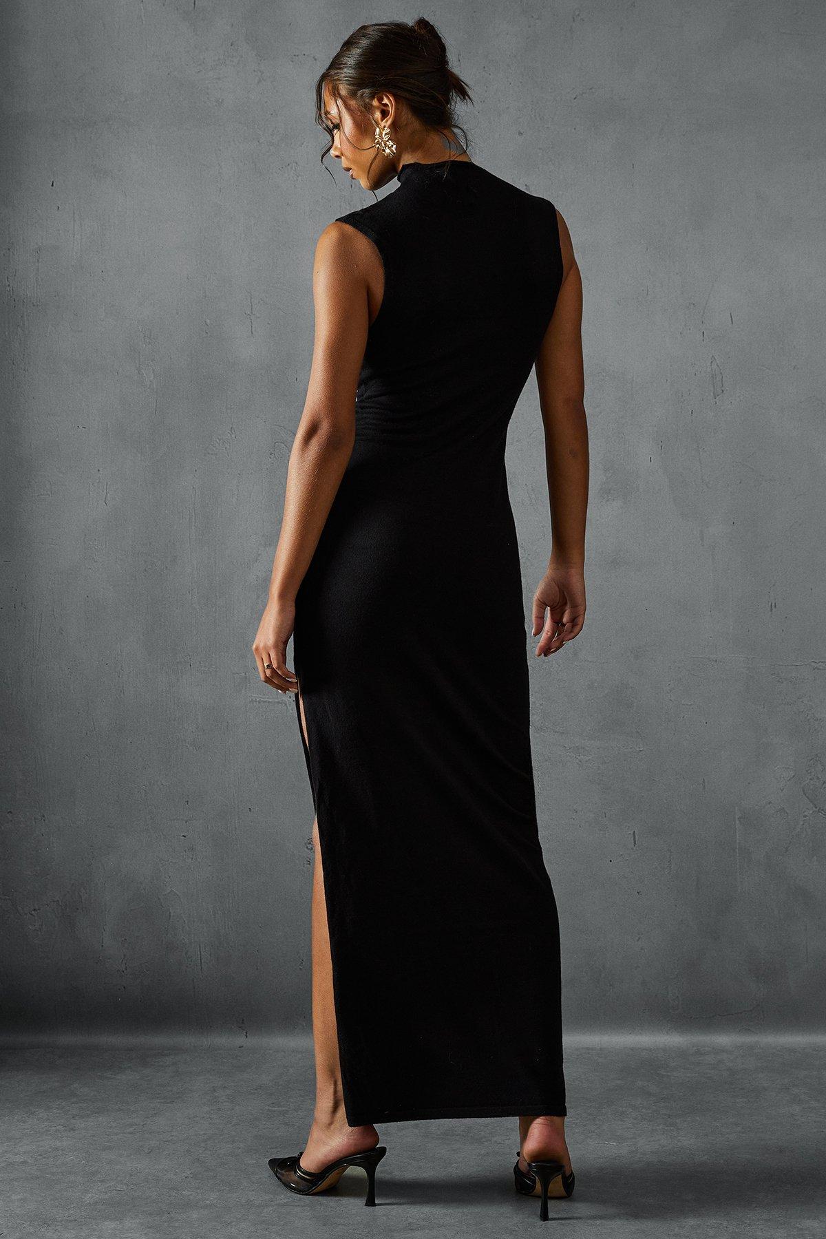 MissPap Black Soft Knit Grown On Neck Sleeveless Split Leg Maxi Dress ...