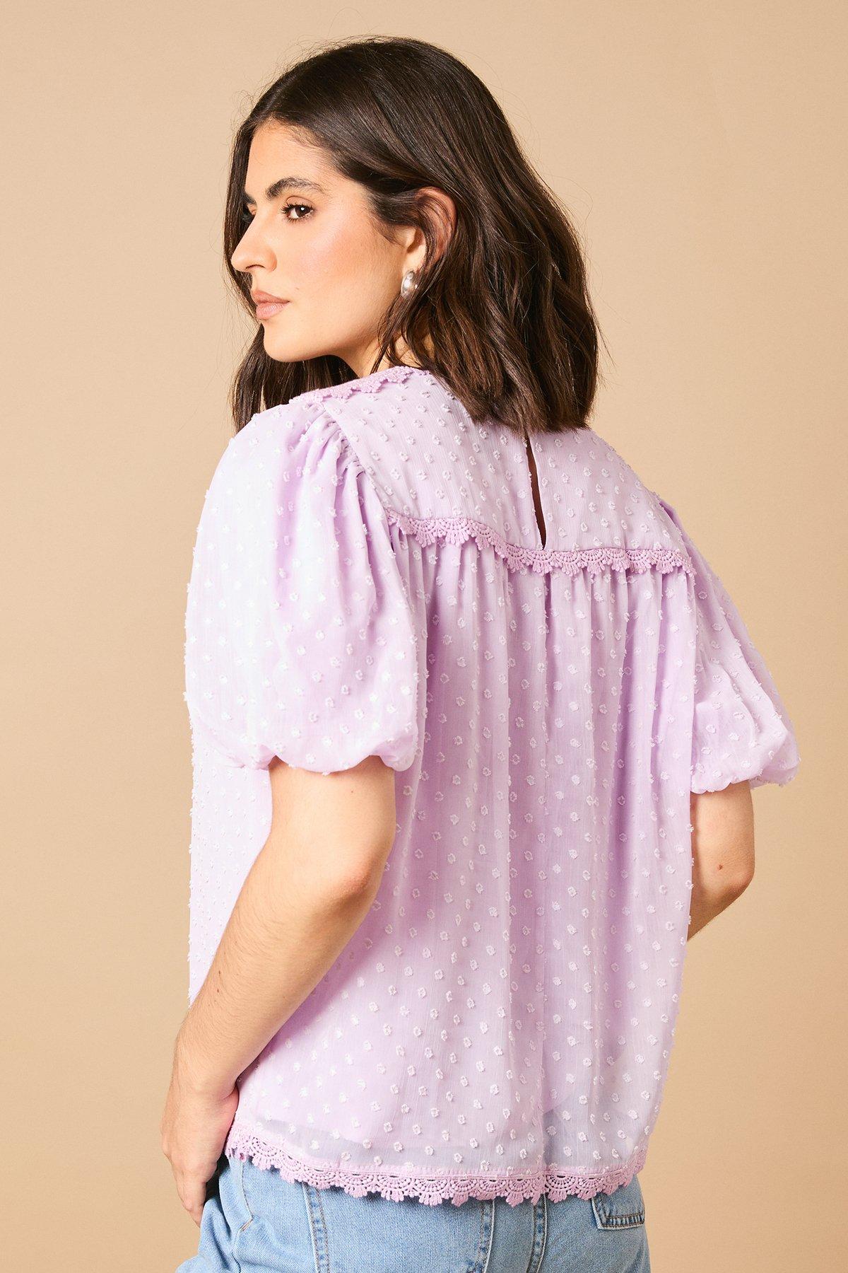 Oasis Purple Lace Trim Puff Sleeve Blouse | PLT