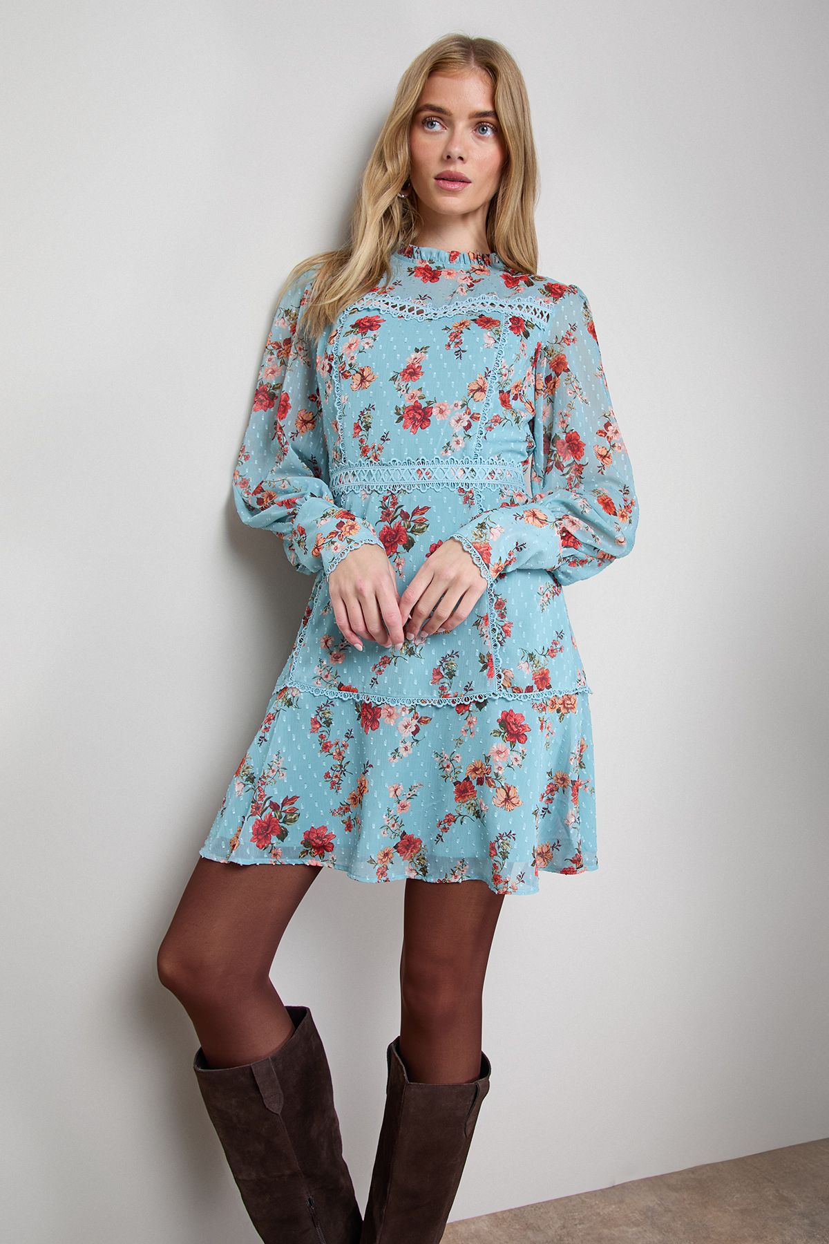 Oasis Blue Printed Lace Trim Long Sleeve Flippy Mini Dress | PLT