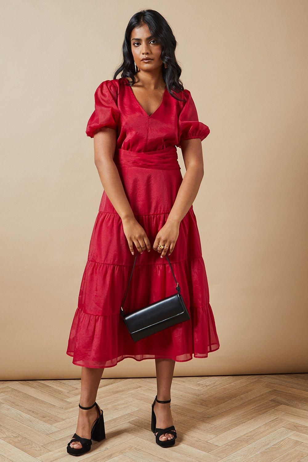 Oasis Berry Organza Puff Sleeve Pintuck Midi Dress | PLT