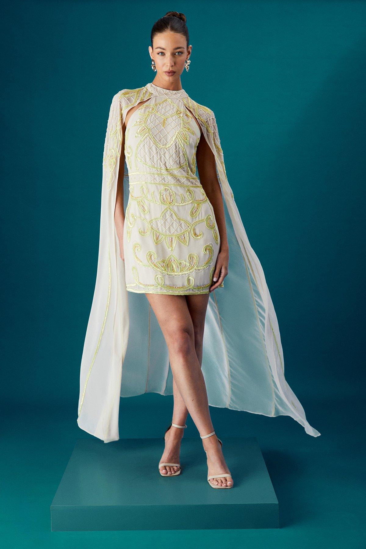 Coast Lime Coast Muse Halter Neck Embellished Cape Sleeve Mini Dress ...