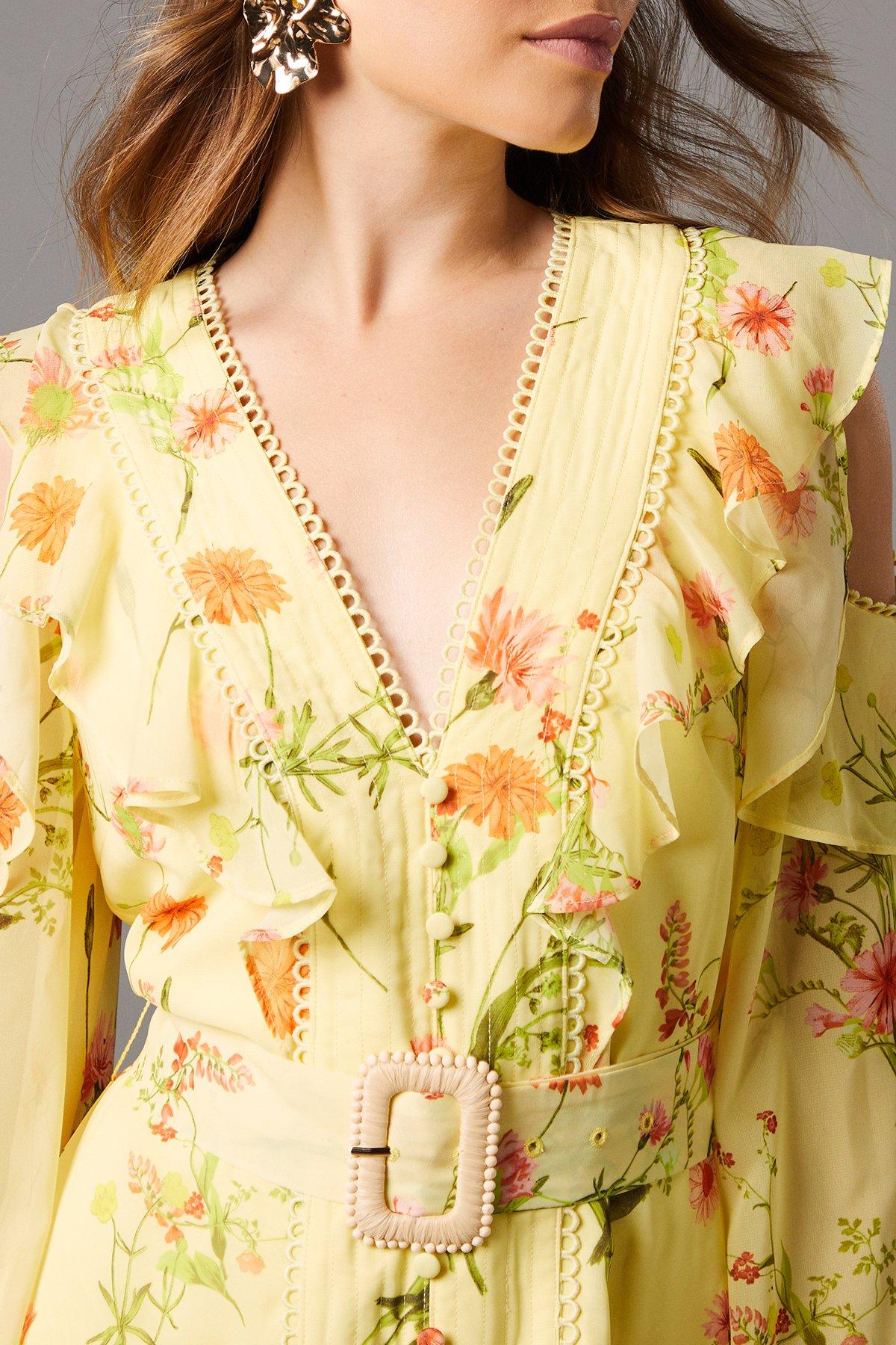 Coast Yellow Cut Out Ruffle Belted Midi Dress | PLT