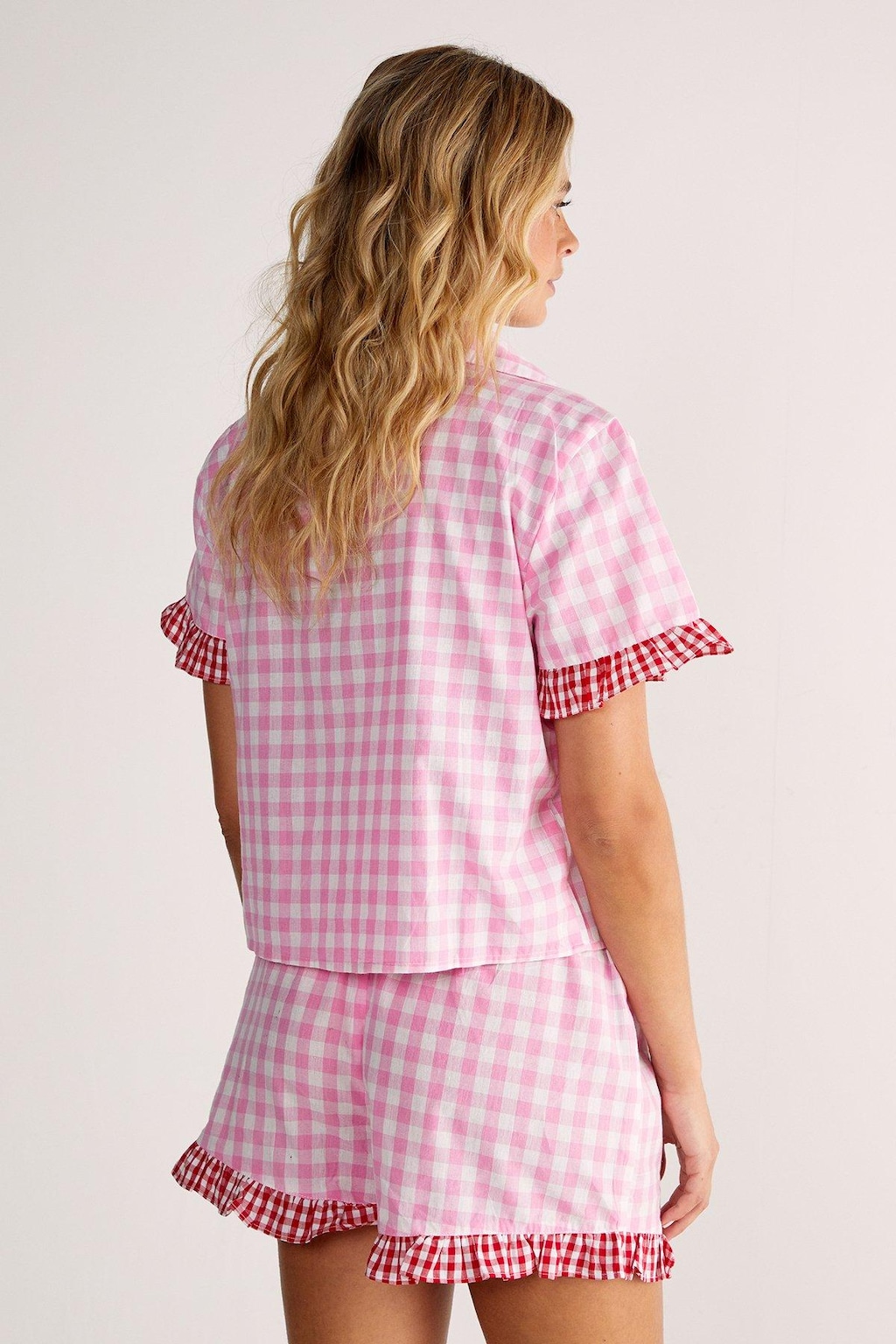 NastyGal Pink Gingham Contrast Ruffle Pajama Shorts Set | PLT