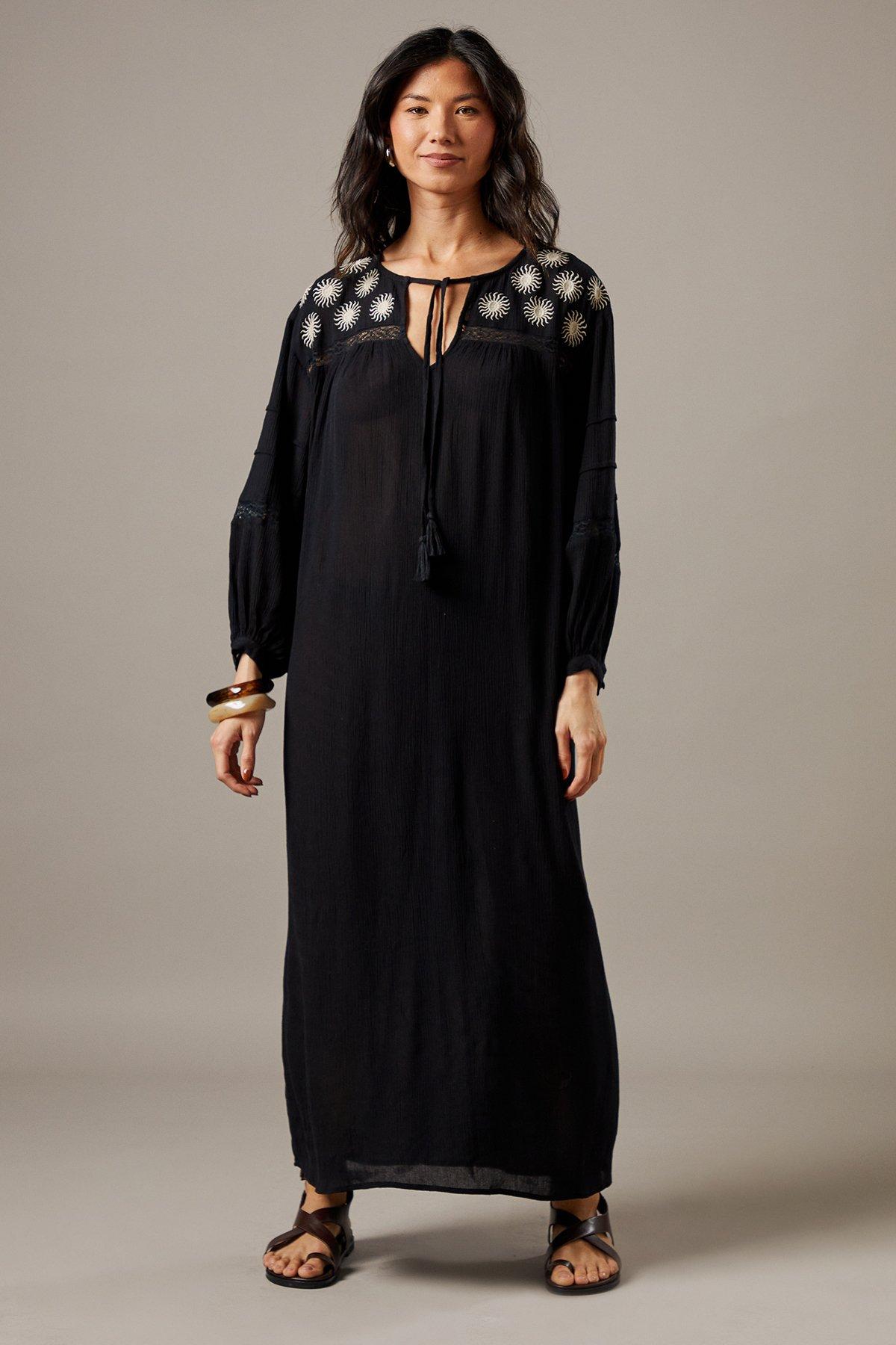 Warehouse Black Cheesecloth Embroidered Trim Insert Midi Smock Dress ...