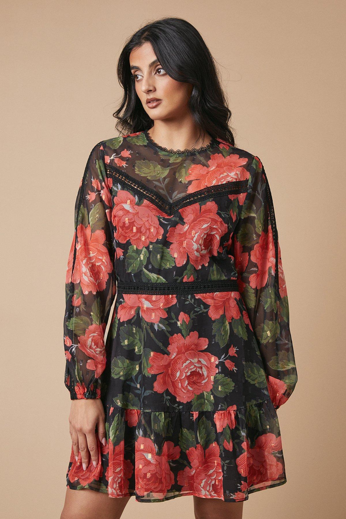 Oasis Multi Occasion Floral Metallic Lace Trim Mini Dress | PLT