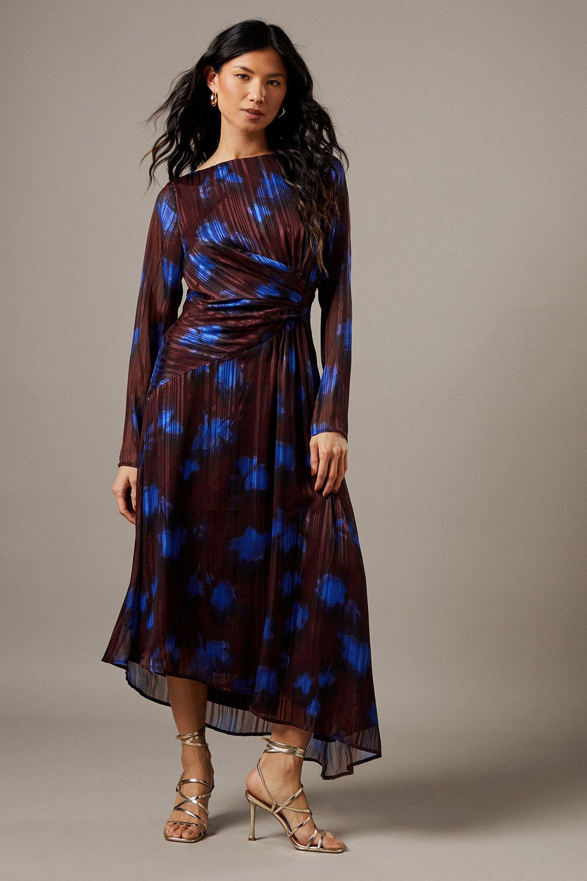 Warehouse Floral Shadow Stripe Satin Knot Front Asymmetric Hem Midi ...