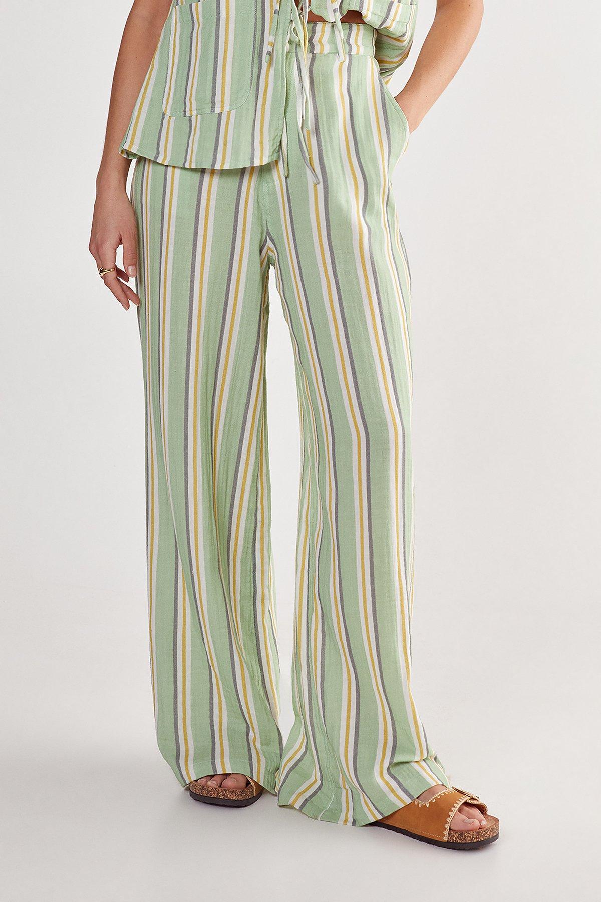 NastyGal Green Cotton Gauze Stripe Wide Leg Pants | PLT