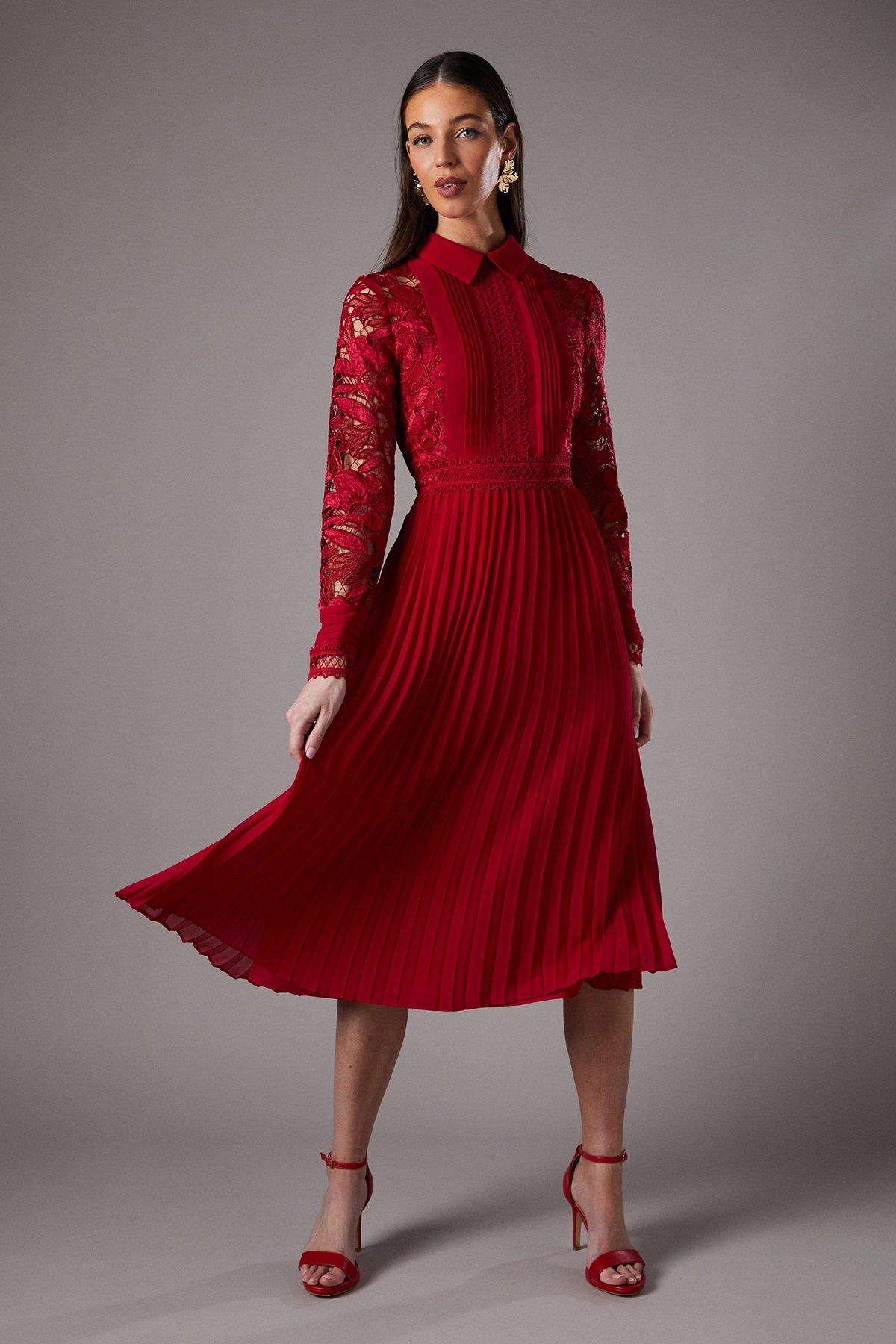 Coast Red Long Sleeve Lace And Pleated Midi Shirt Dress | PrettyLittleThing