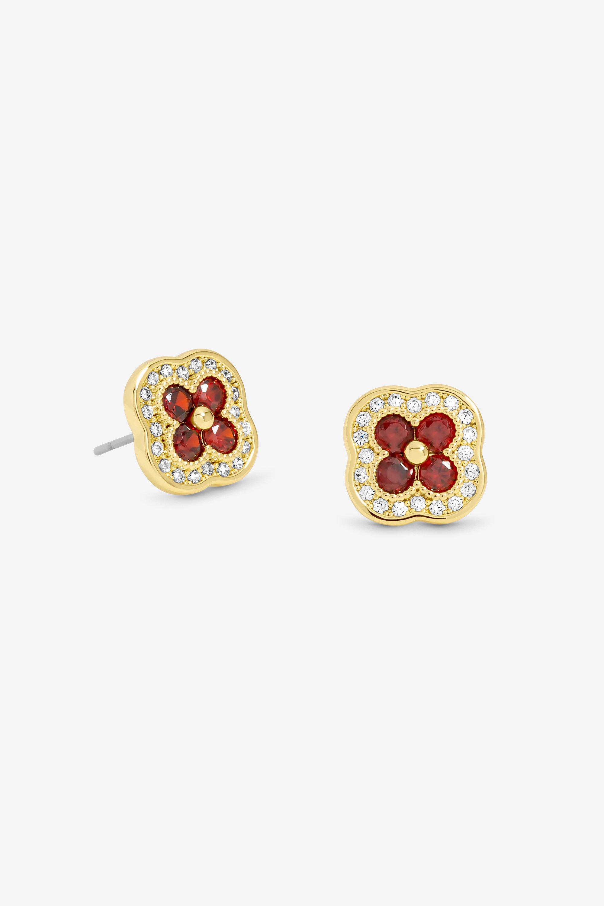 Jon Richard Gold 14K Gold Plated Crystal And Ruby Clover Studs | PrettyLittleThing