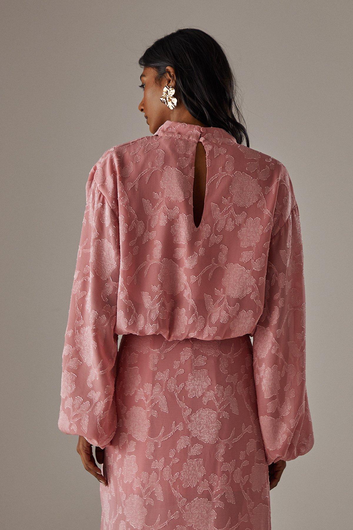 Warehouse Pink Chiffon Jacquard High Neck Slash Front Blouse | PLT