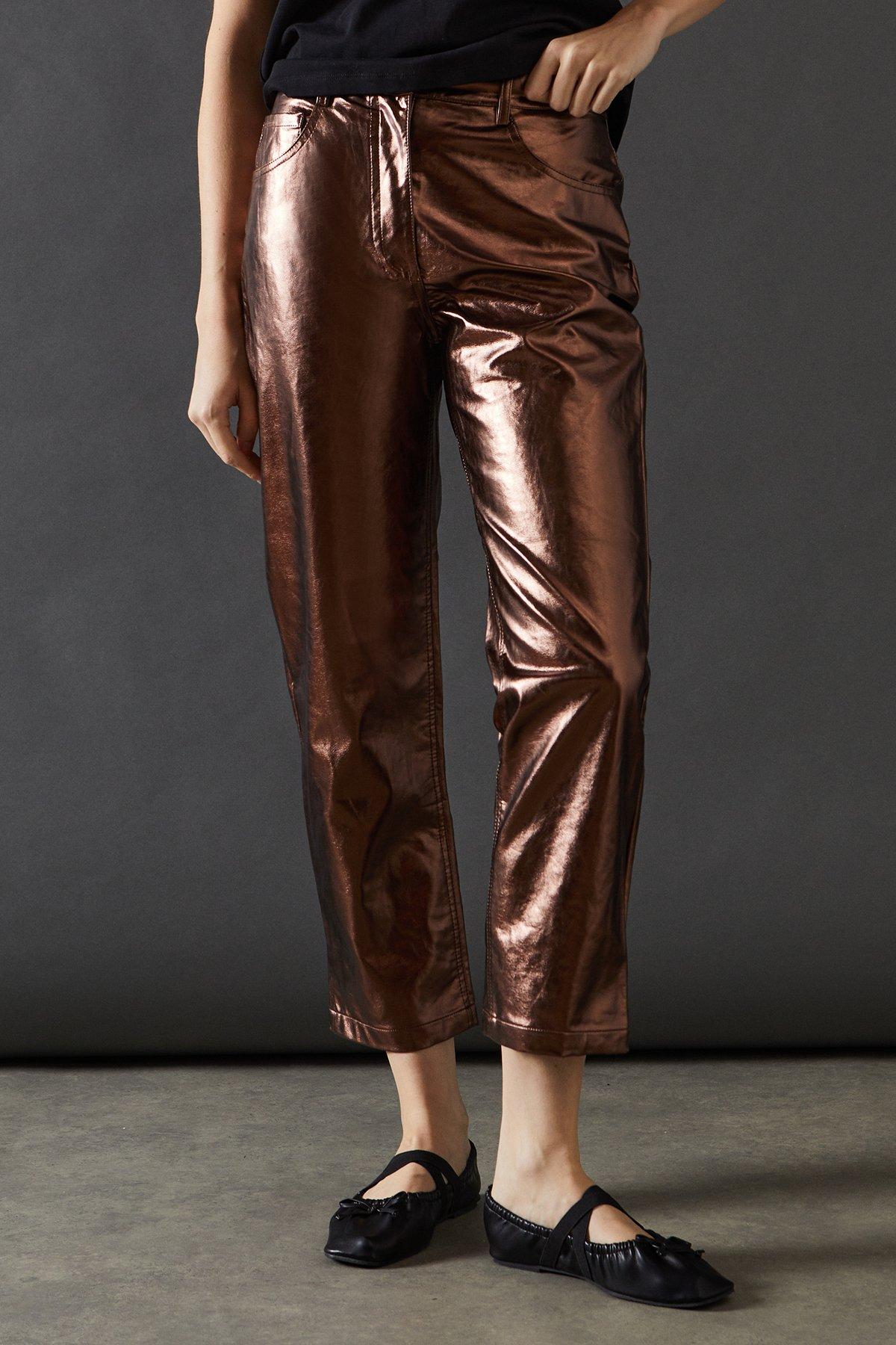 Warehouse Dark Bronze Metallic Straight Leg Trouser | PrettyLittleThing