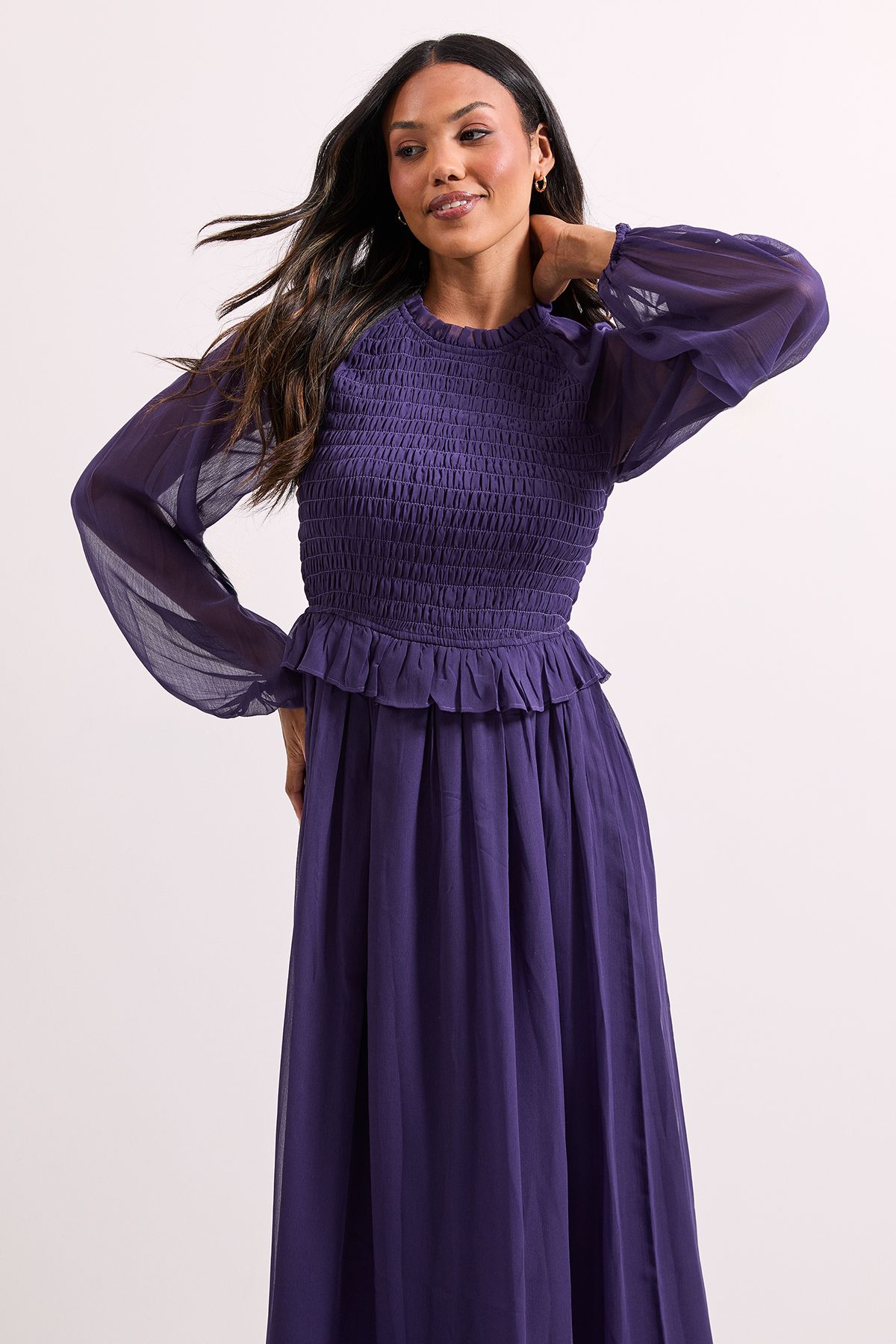 Dorothy Perkins Purple Purple Shirred Bodice Frill Detail Dress | PLT