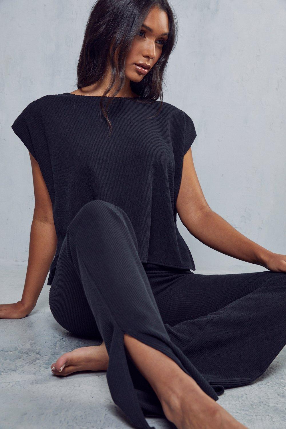 MissPap Black Ribbed Boxy Side Split Top & Flare Trouser Lounge Set | PLT