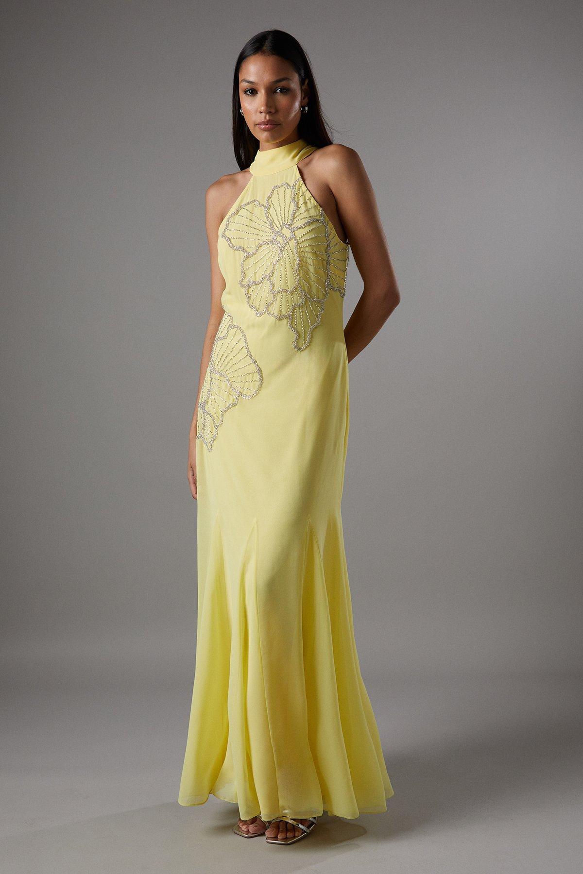 Coast Yellow Embellished Maxi Dress With Godet Pleats | PrettyLittleThing