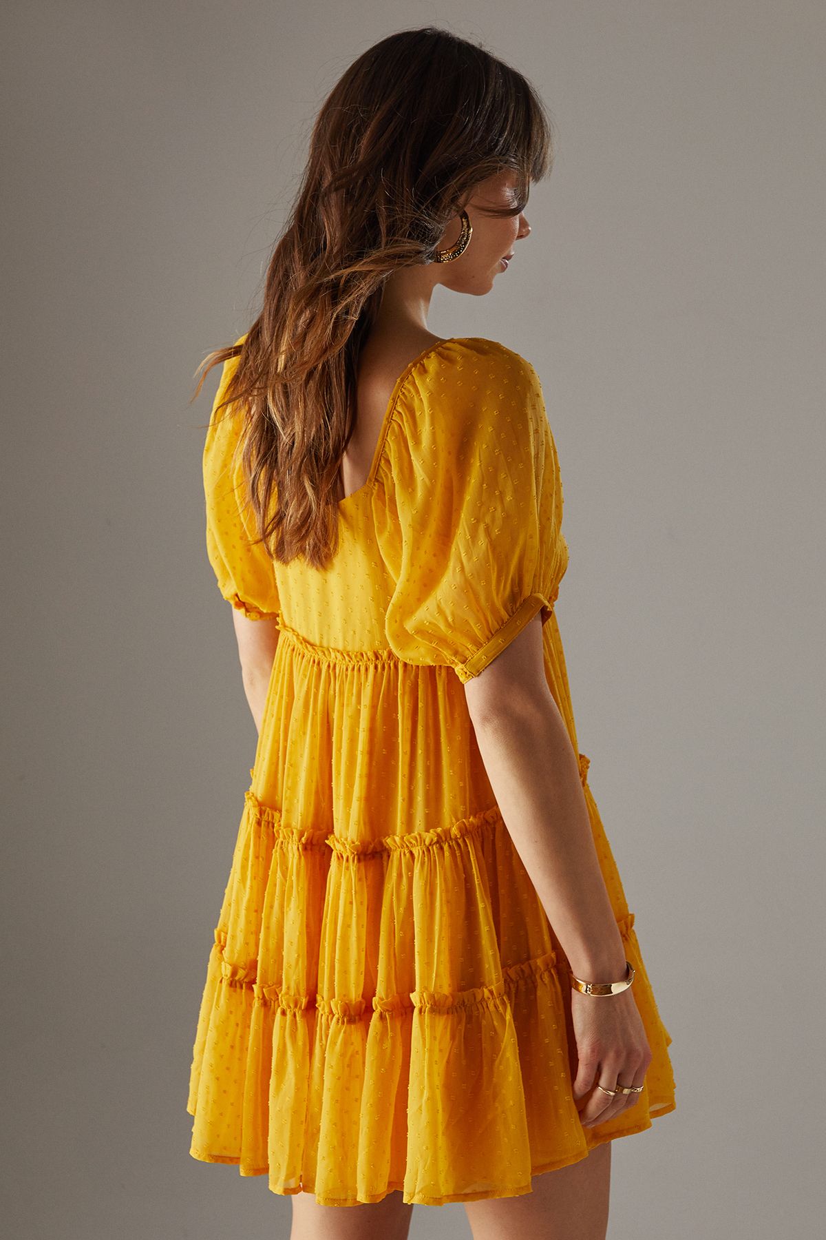 Warehouse Yellow Dobby Chiffon Button Mini Smock Dress | PLT