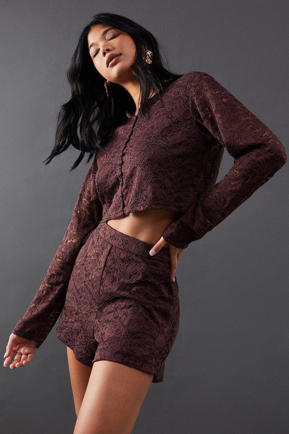 Warehouse Chocolate Lace Long Sleeve Button Down Crop Top ...