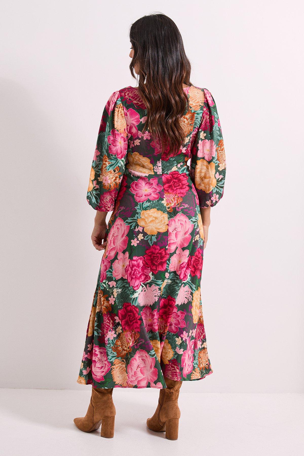 Dorothy Perkins Floral Petite Ruched Bust Drop Waist Midi Dress | PLT