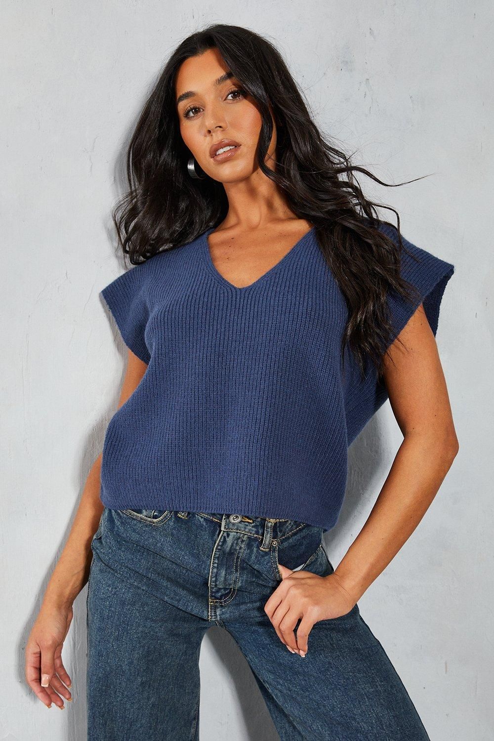 MissPap Navy Knitted V Neck Boxy Jumper | PLT