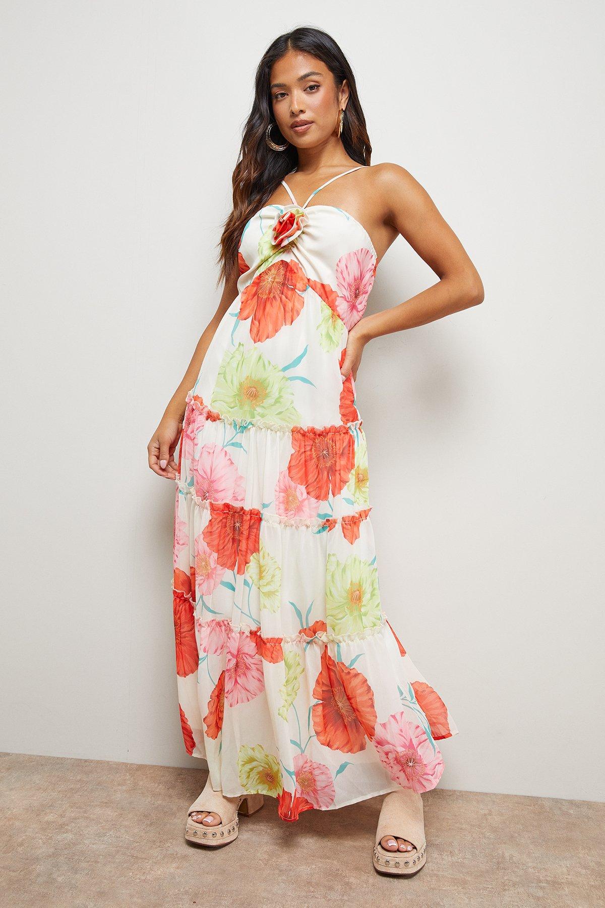 Oasis Ivory Petite Rosette Detail Halterneck Midi Dress | PLT