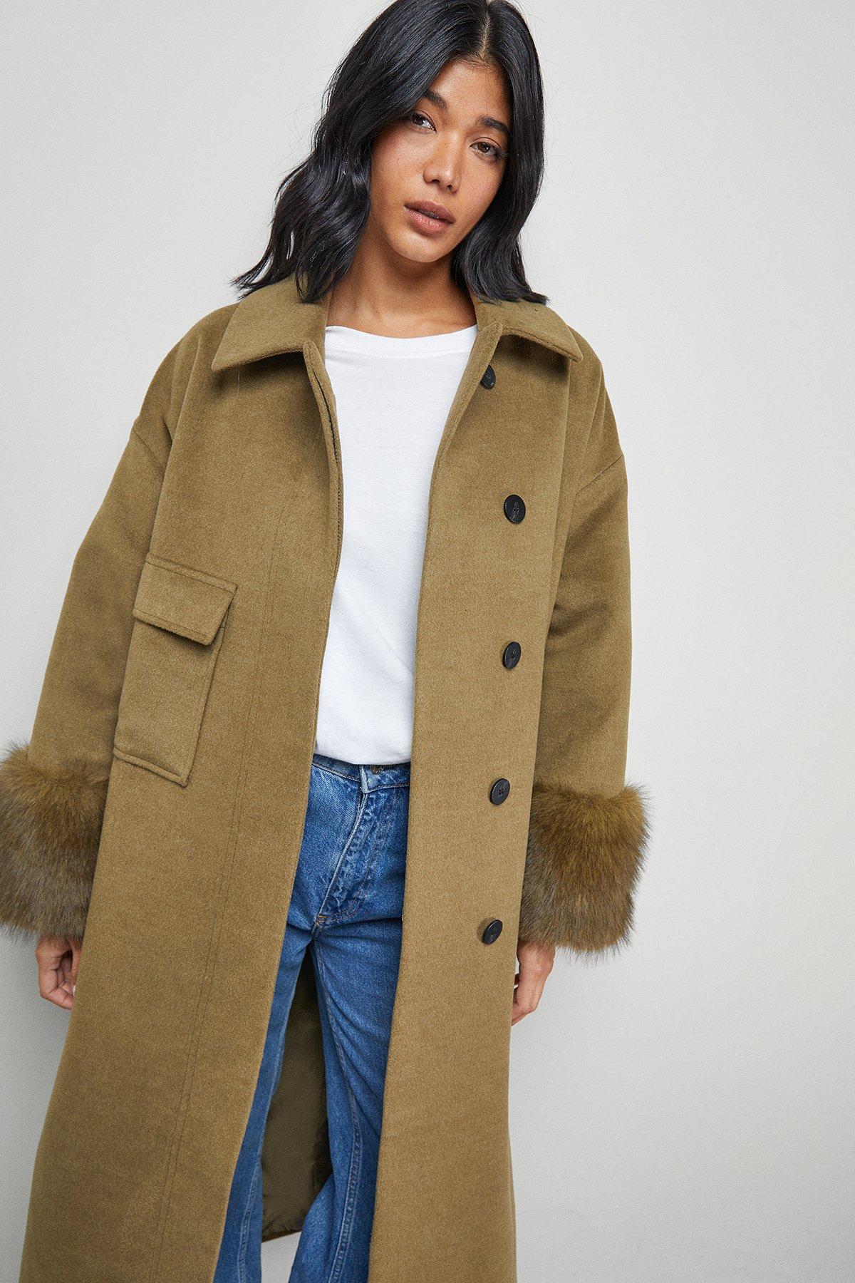 Warehouse Green Patch Pocket Asymmetric Fur Trim Car Coat ...