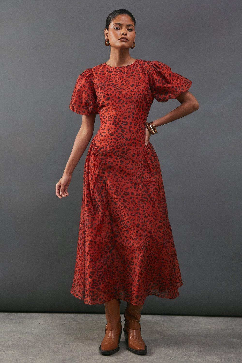 Warehouse Animal Animal Organza Puff Sleeve Godet Side Midi Dress ...