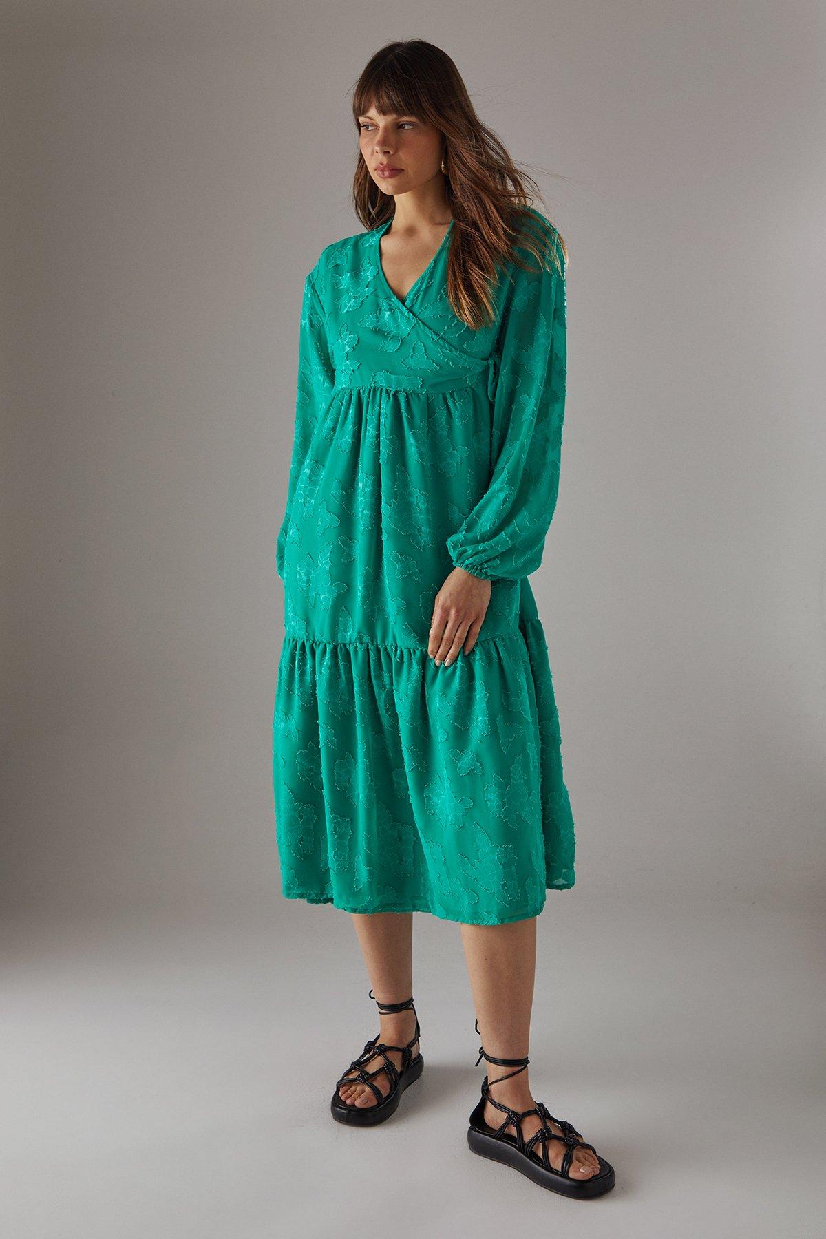 Warehouse Green Burnout Chiffon Wrap Smock Midi Dress | PLT