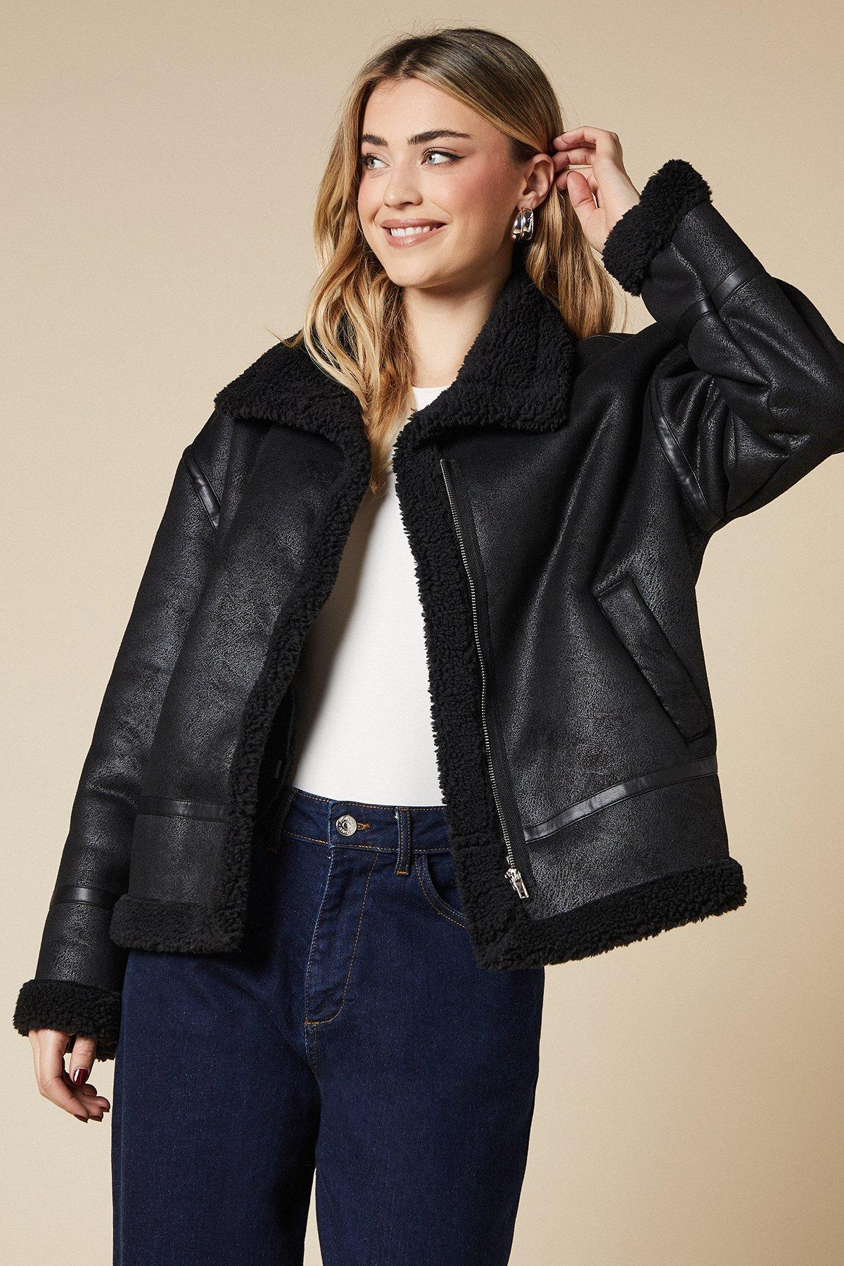 Dorothy Perkins Black Zip Through Borg Aviator Jacket | PrettyLittleThing