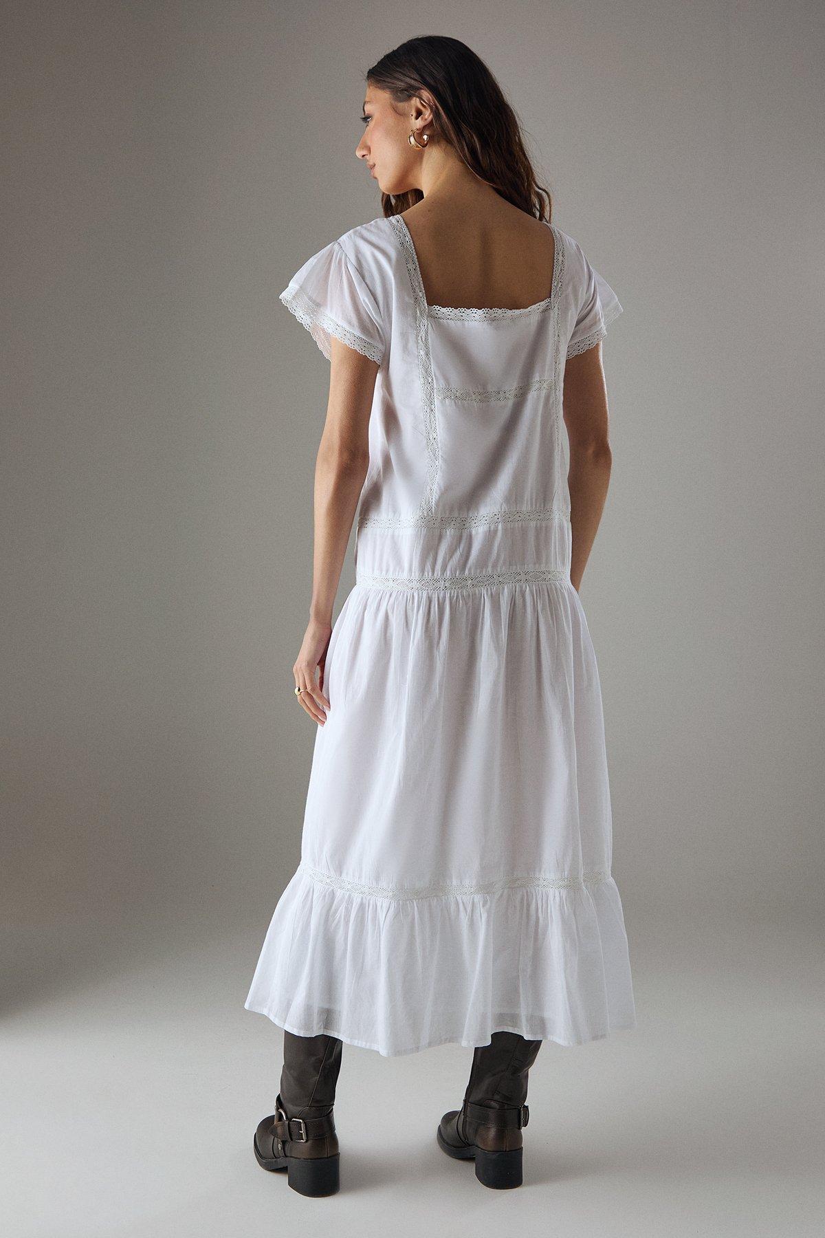 Warehouse White Cotton Lace Square Neck Midi Smock Dress ...
