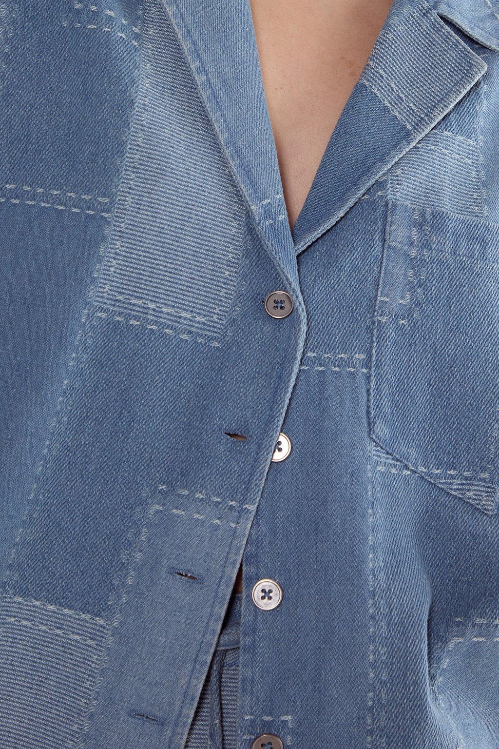 NastyGal Mid Blue Denim Patchwork Contrast Stitch Resort Shirt | PrettyLittleThing