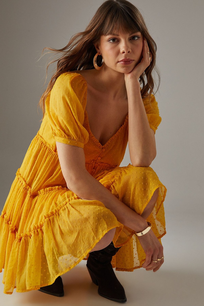 Warehouse Yellow Dobby Chiffon Button Mini Smock Dress | PLT