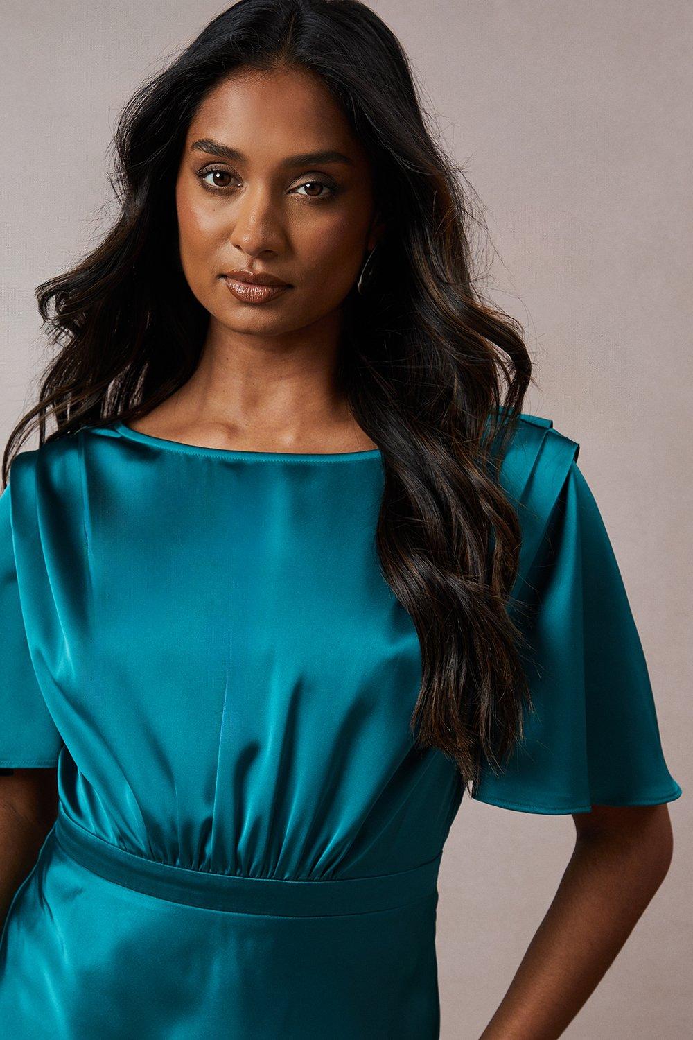 Oasis Turquoise Petite Occasion Satin Pleat Shoulder Midaxi Dress | PLT
